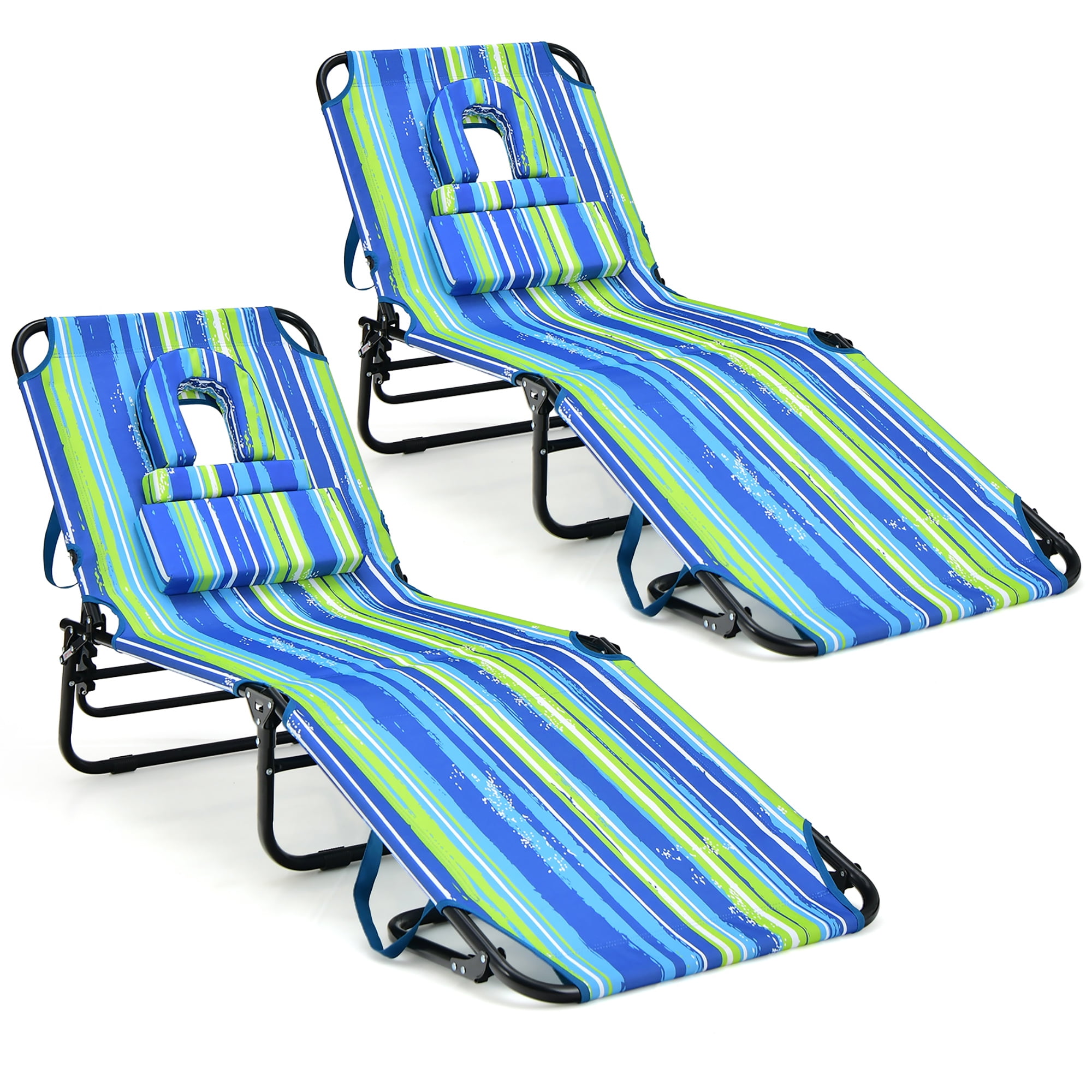 Gymax 2PCS 5-Position Lounge Chair Adjustable Beach Chaise w/ Face Cavity & Pillows Blue & Green ...