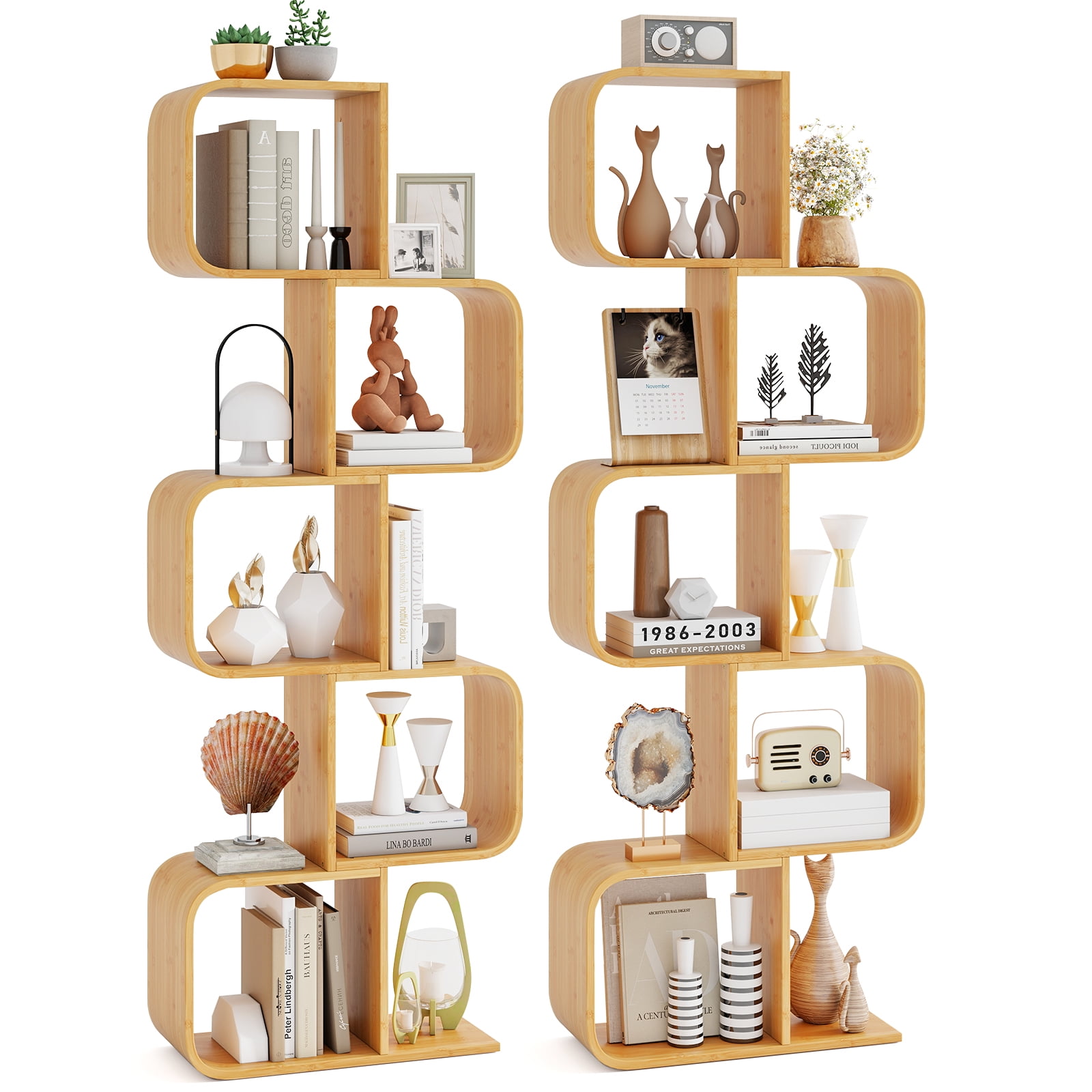 Gymax 2PCS 5-Tier S-Shaped Bookcase w/ 5 Open Cubes Geometric Corner ...