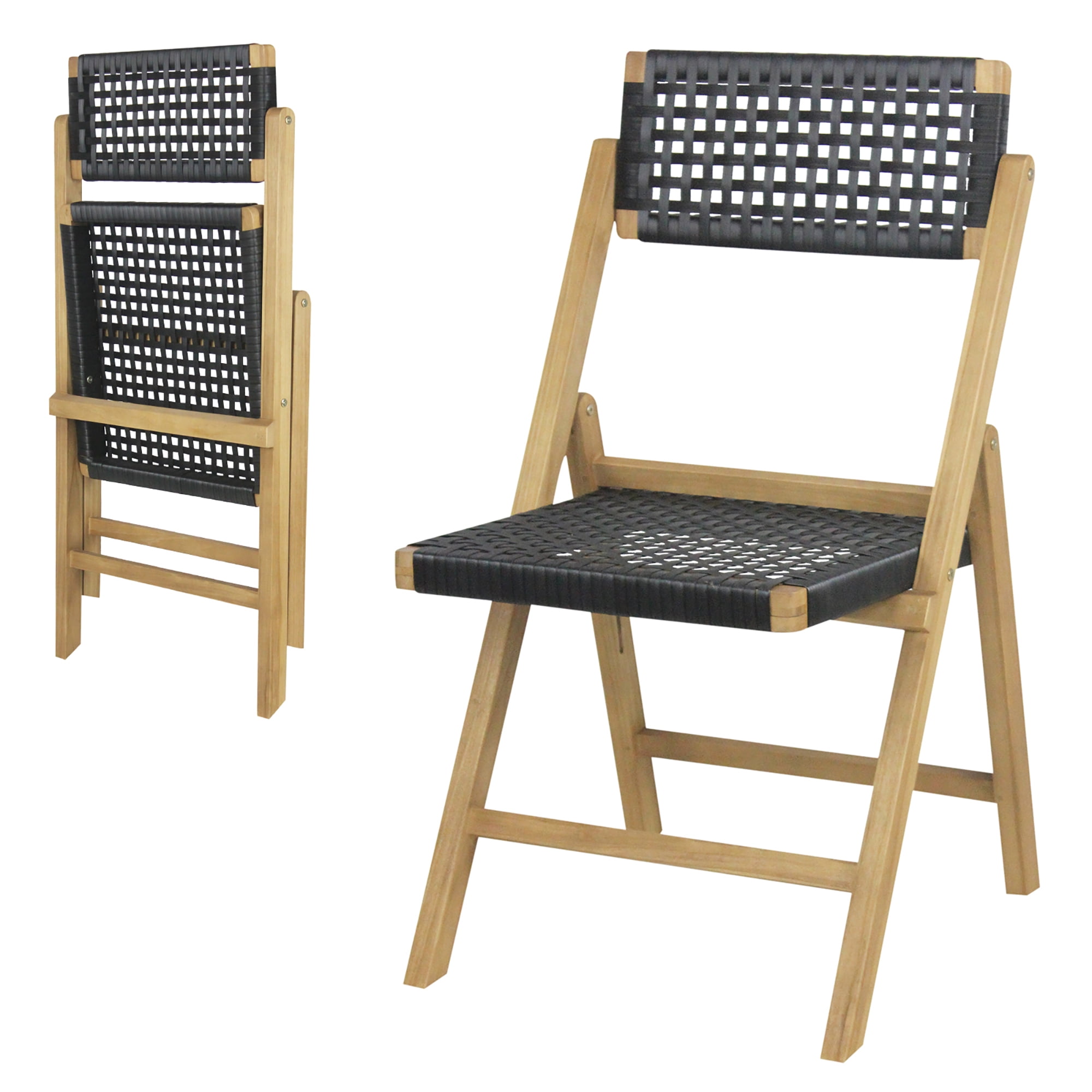Gymax 2PCS Folding Chairs w/ Woven Rope Seat & High Back Indonesia Teak ...