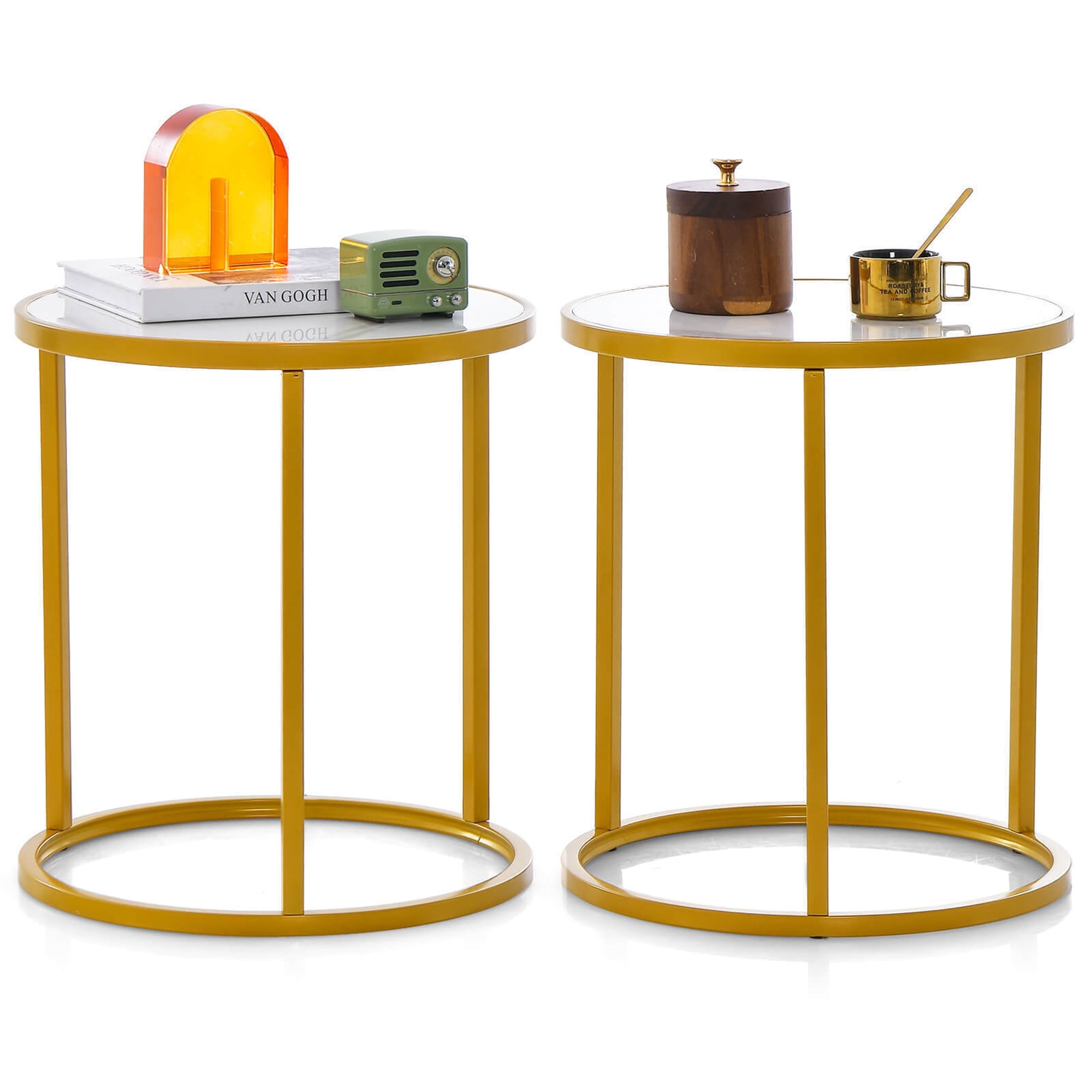 Gymax 2PCS Marble Top Round Side Table 19.5''x19.5'' End Table w/Golden ...
