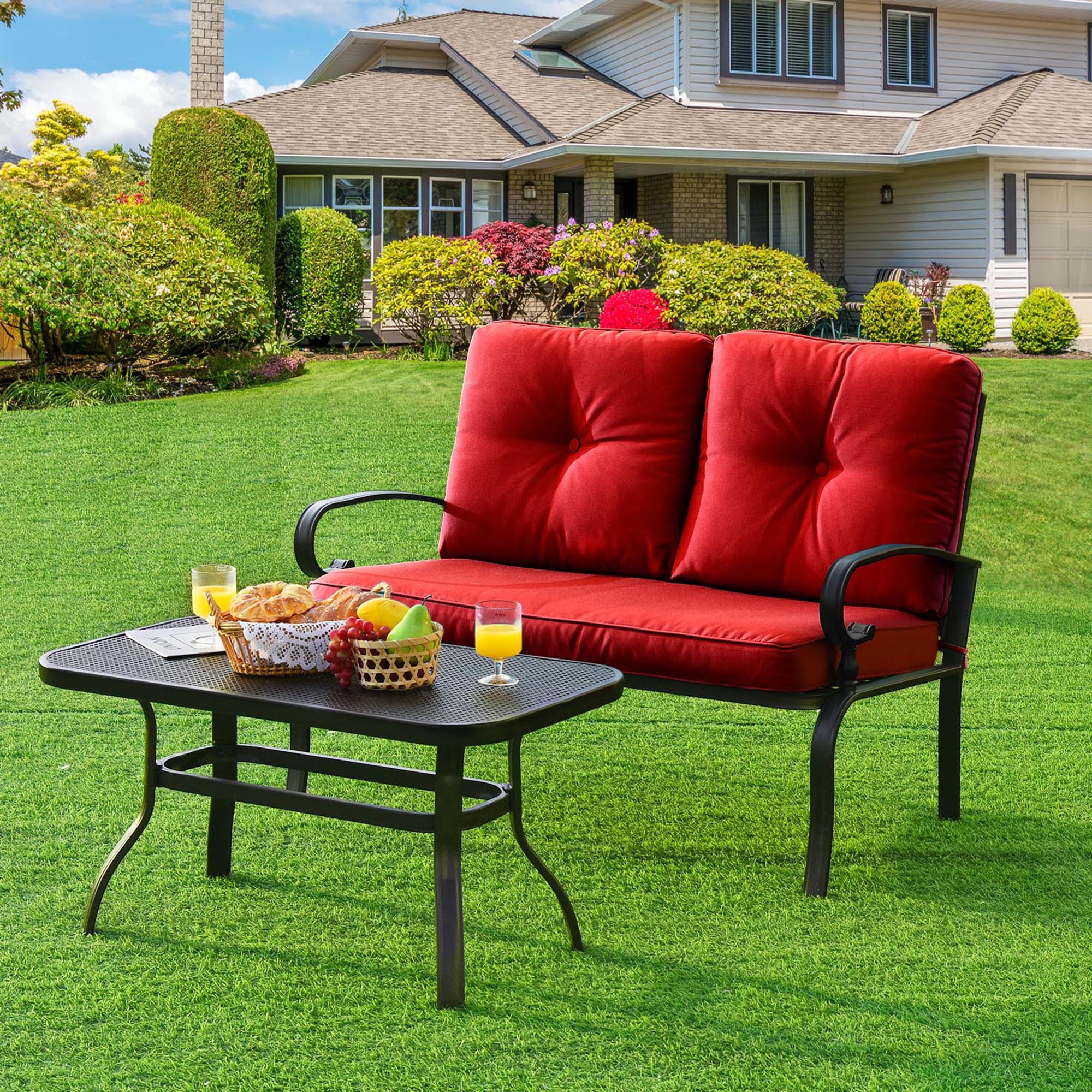 Gymax 2PCS Sturdy Steel Patio Loveseat & Coffee Table Set w/ Red ...