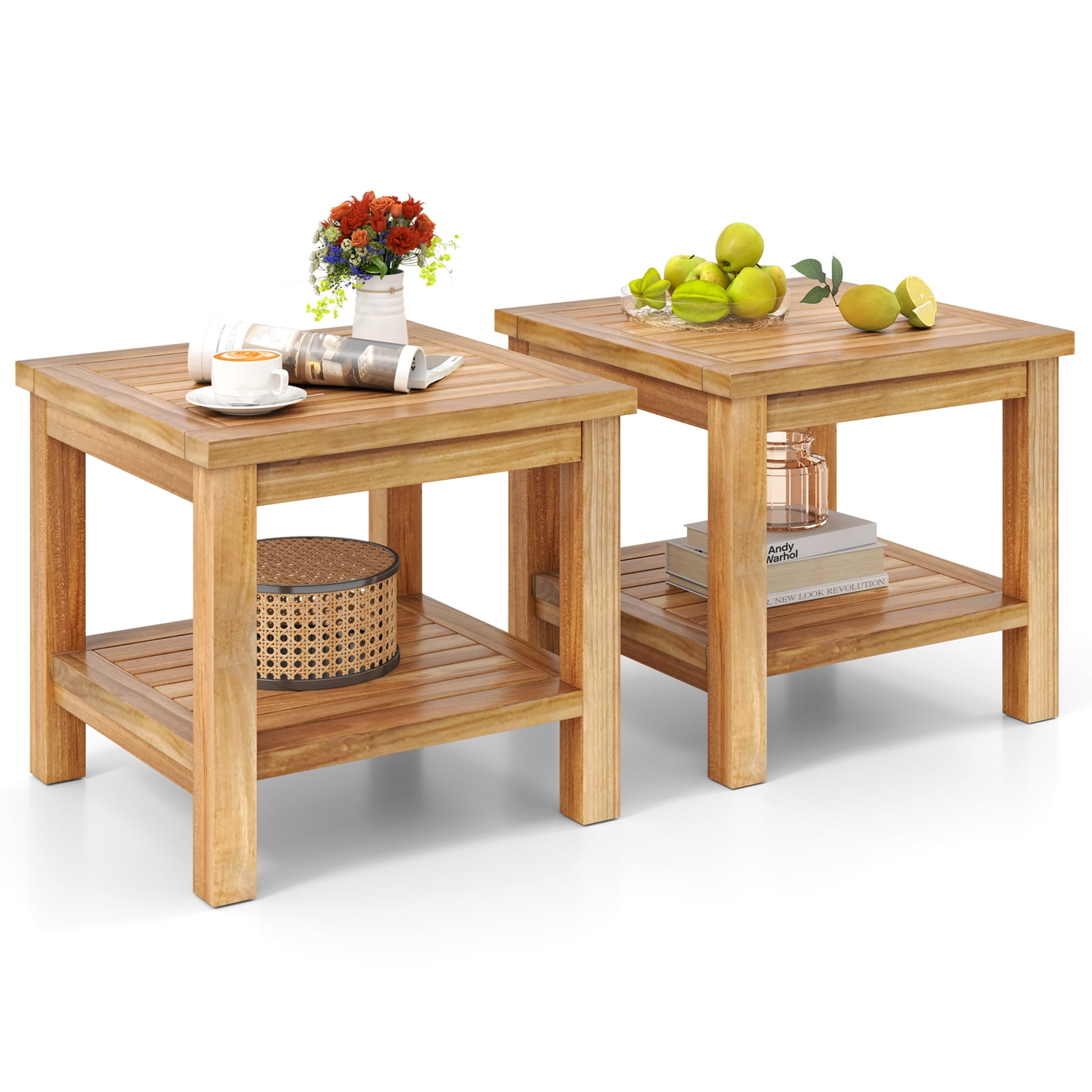 Gymax 2PCS Teak Wood Side Table w/ Storage 20'' Square End Table w ...