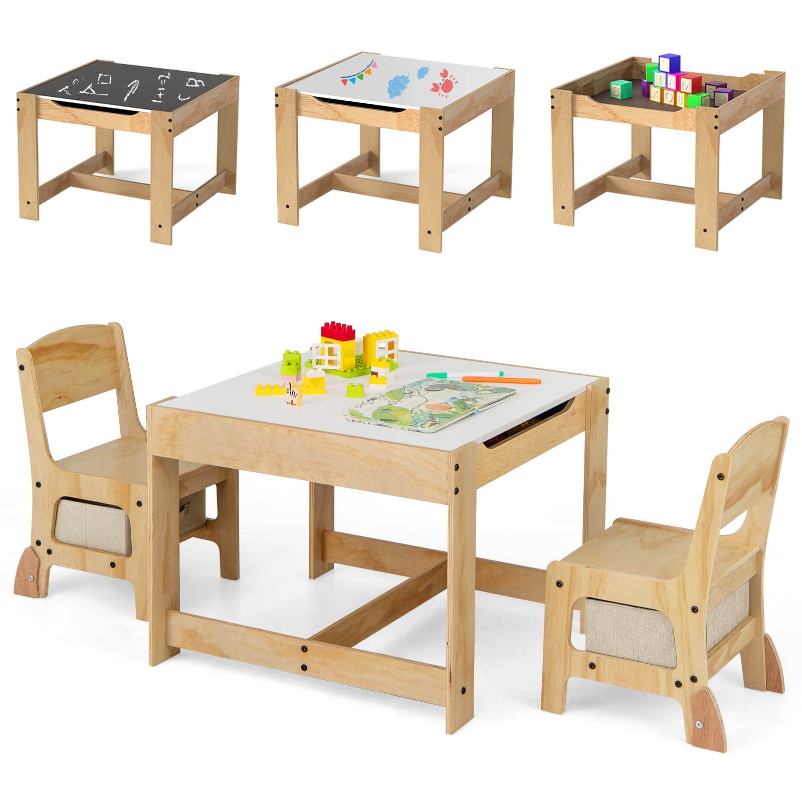 Gymax 3-In-1 Kids Table & Chairs Set w/Reversible Whiteboard/Chalkboard ...