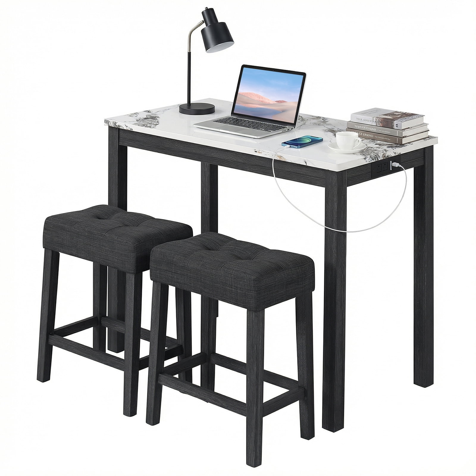 Gymax 3 PCS Bar Table Set w/ Charging Station Modern Counter Height ...