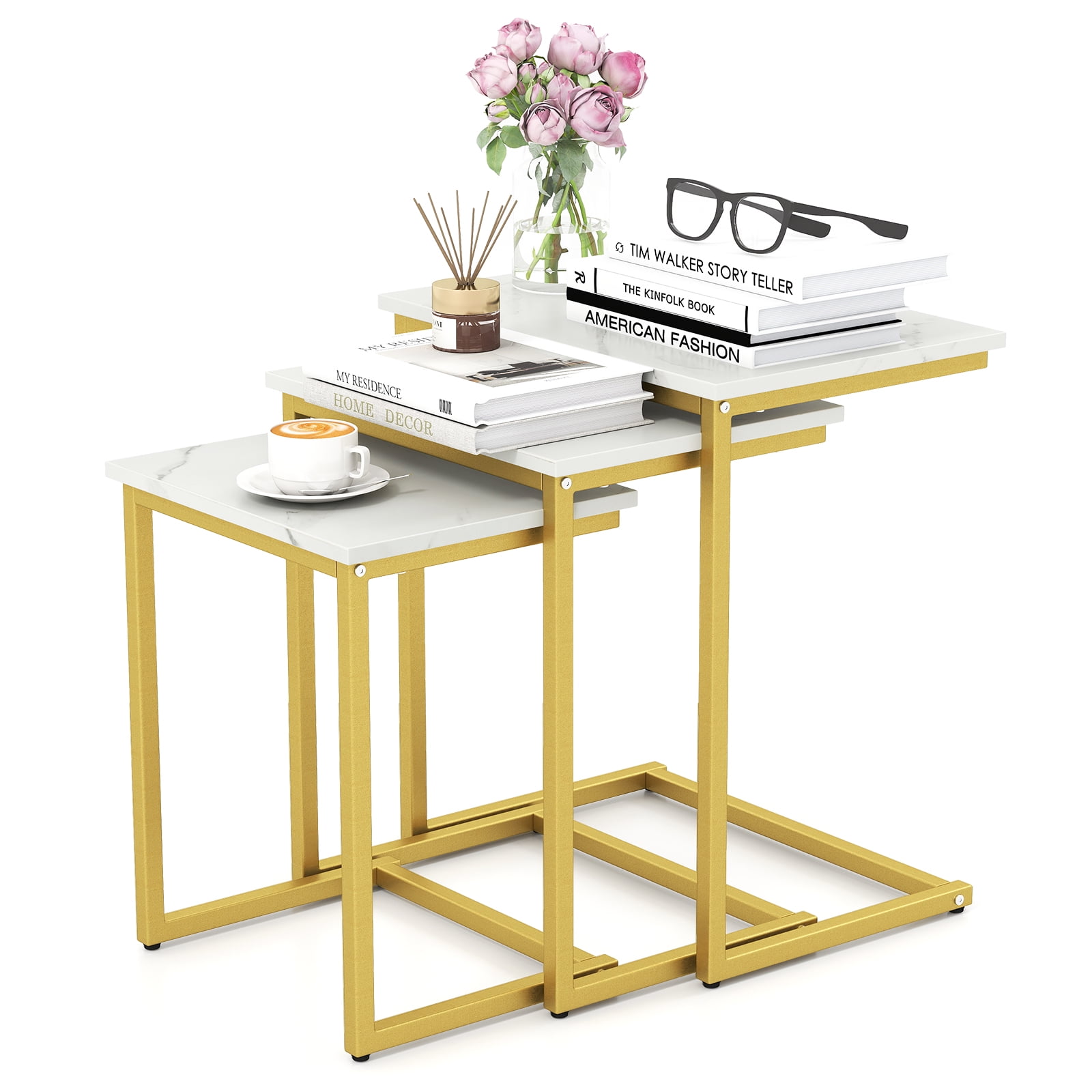 Gymax 3 PCS Nesting Coffee End Table Set Stacking Side Nightstand ...