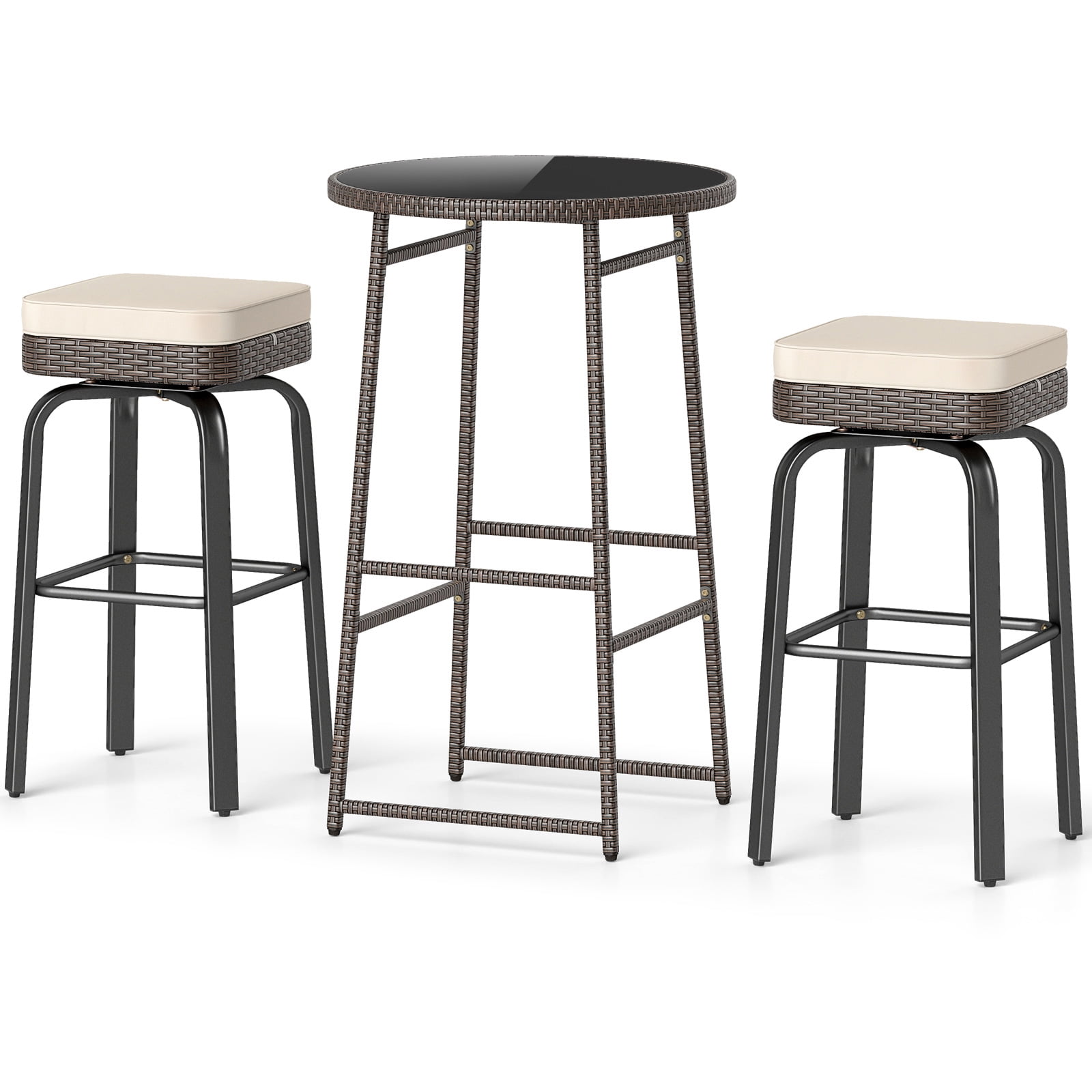 Gymax 3 PCS Outdoor Swivel Bar Set w/2 Chairs Tempered Glass Top Soft ...