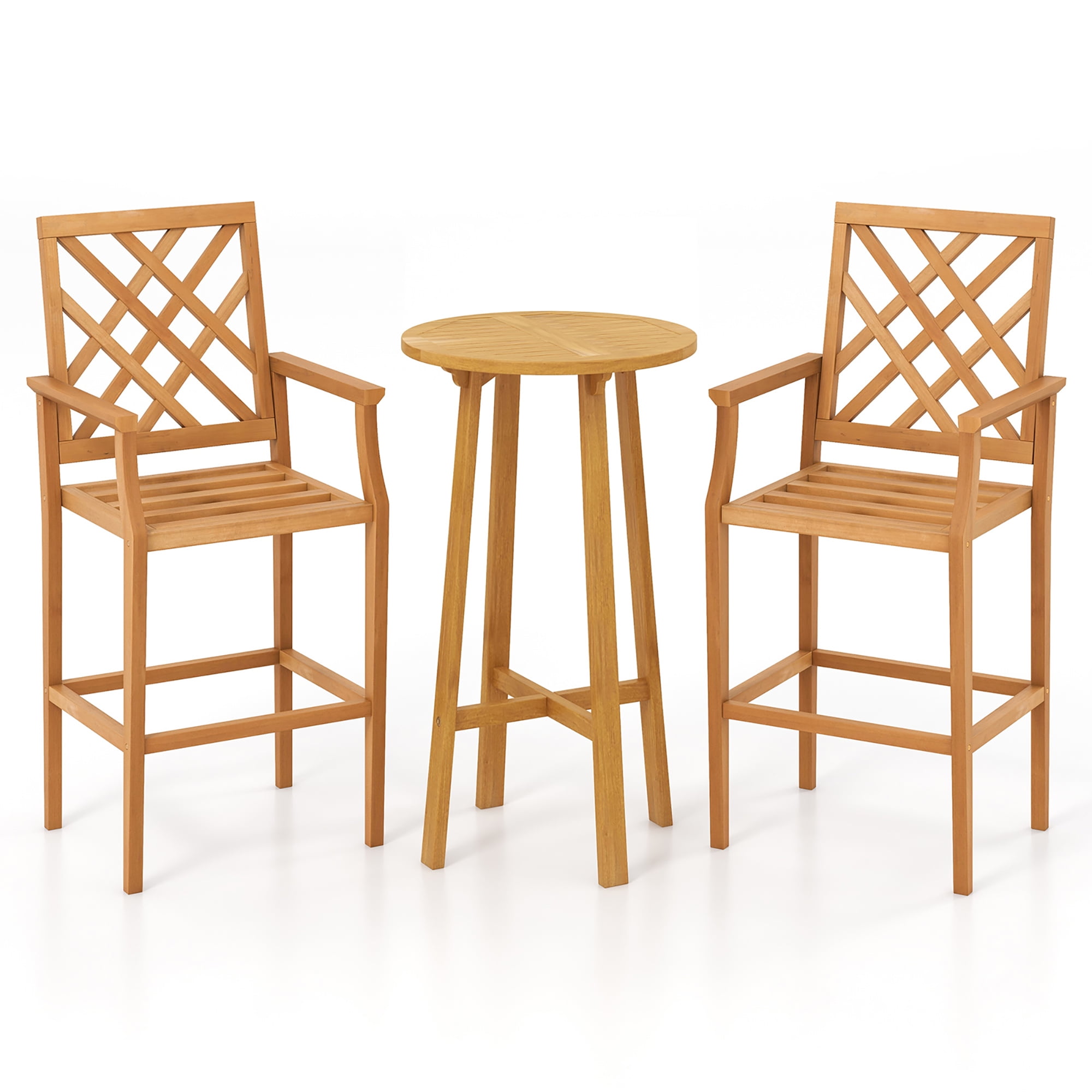 Gymax 3 PCS Patio Bar Set Round Cocktail Table w/ 2 Stools w/ Backrest ...