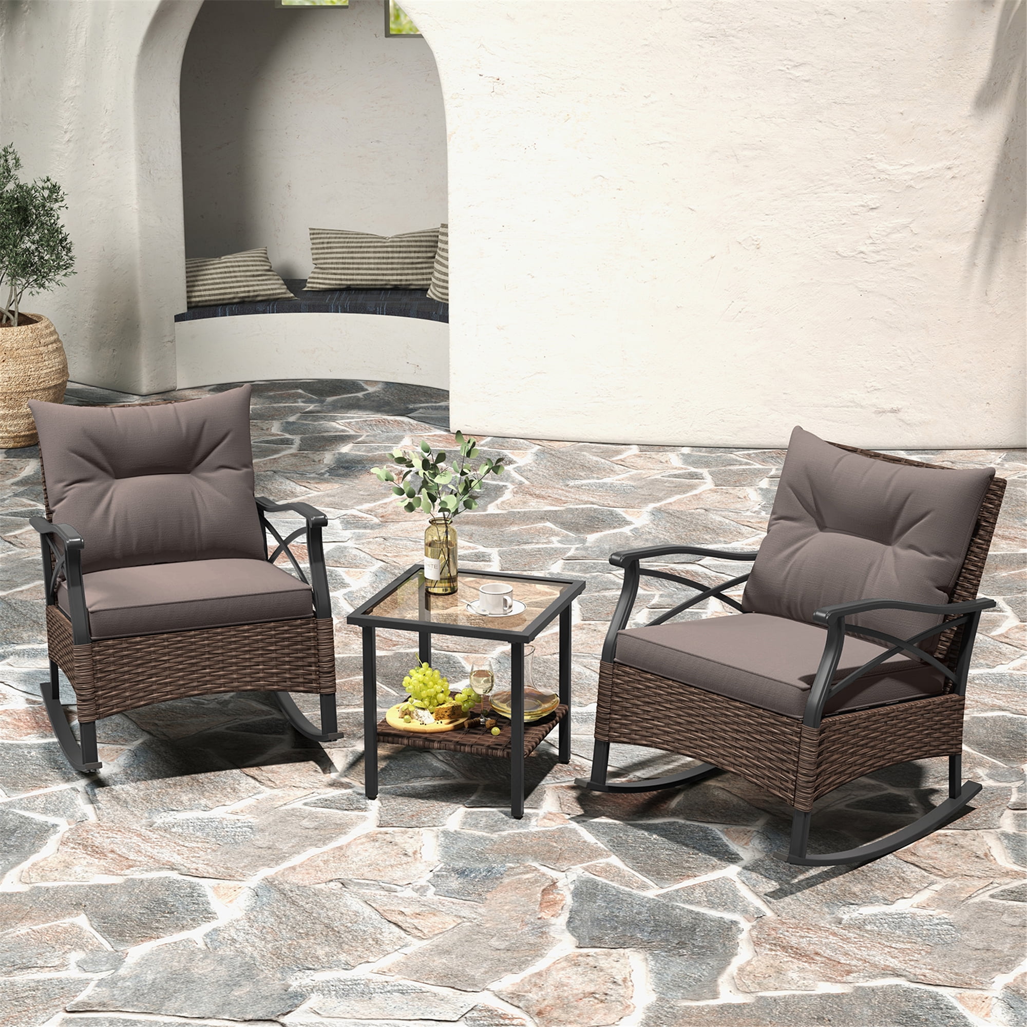 Gymax 3 PCS Patio Rocker Set w/ 2-Tier Coffee Table & Soft Seat Back ...