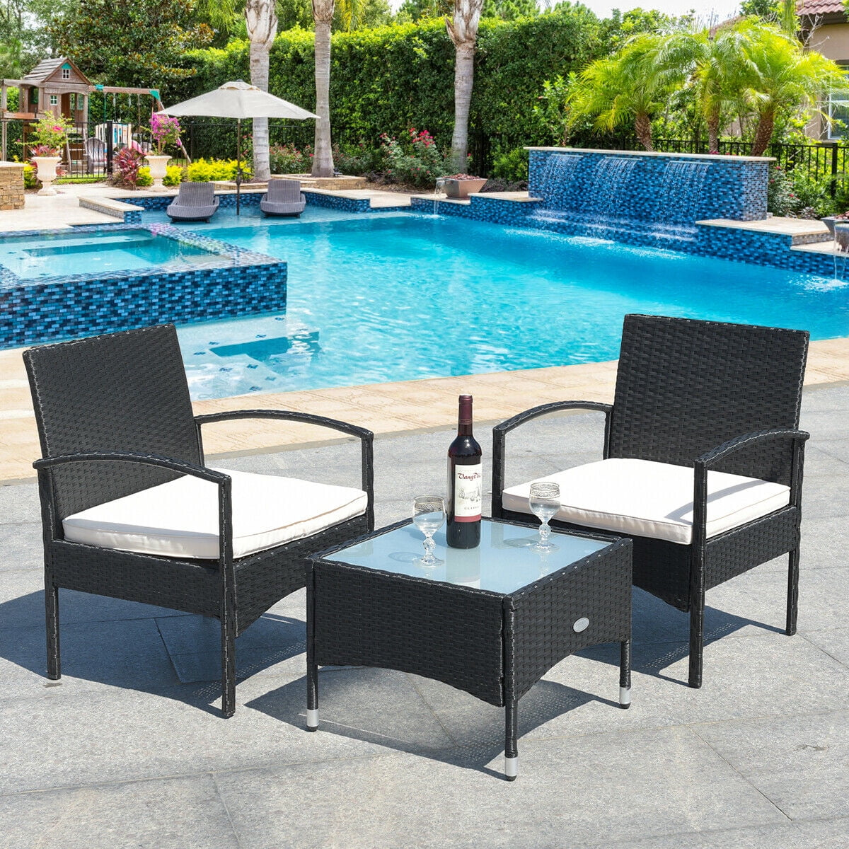 Gymax Balcony Outdoor 3 Piece Porch Wicker Rattan Furniture Set with ...