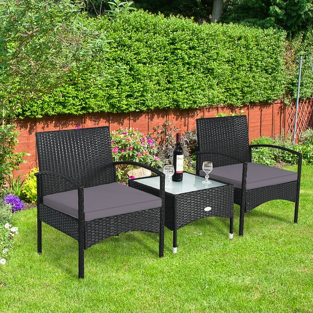 Gymax 3 PCS Patio Wicker Rattan Furniture Set Coffee Table & 2 Rattan ...