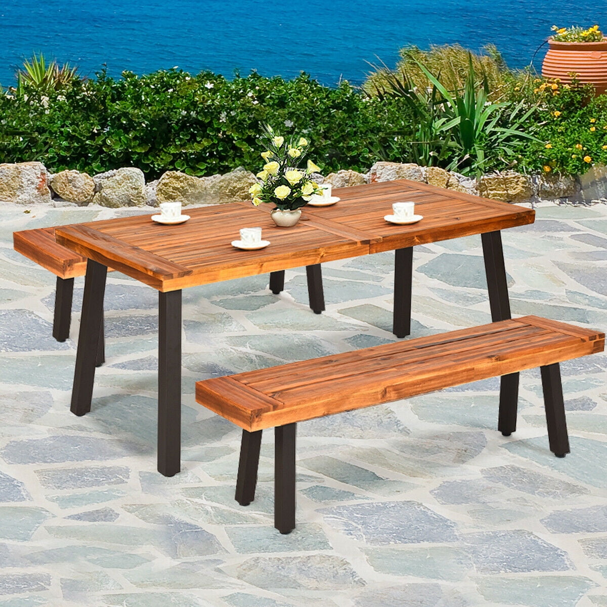 Gymax 3 PCS Picnic Dining Table Set Acacia Wood Rustic Metal w ...