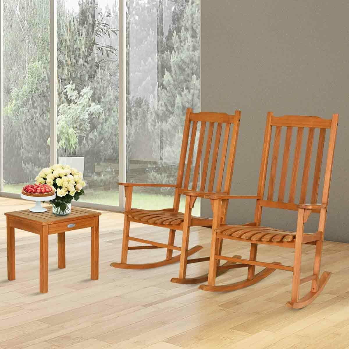 Gymax 3 PCS Rocking Eucalyptus Chair Set w/ 2 Wood Conversation Chairs ...