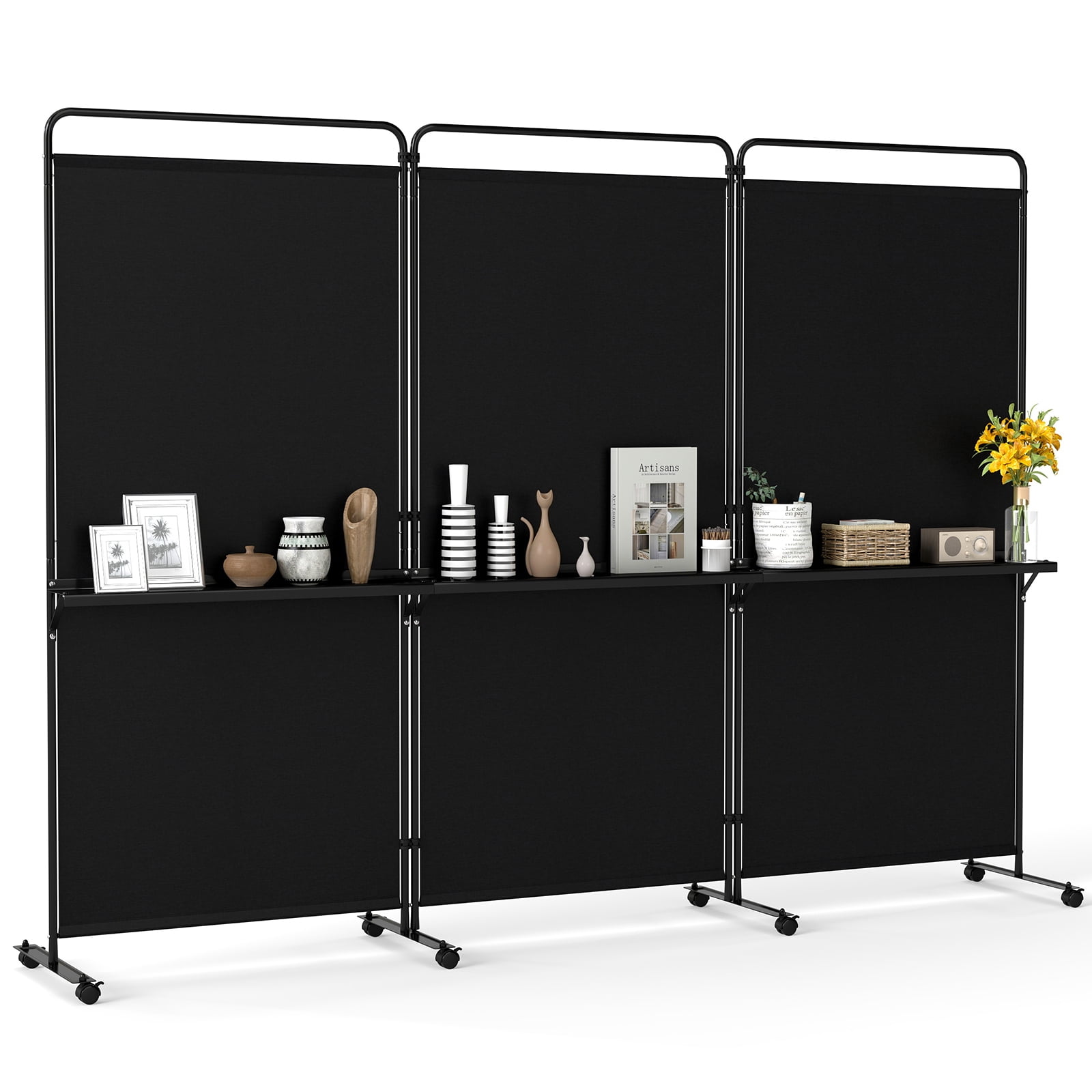 Gymax 3-Panel Room Divider w/Shelves Lockable Wheels for Living Room ...