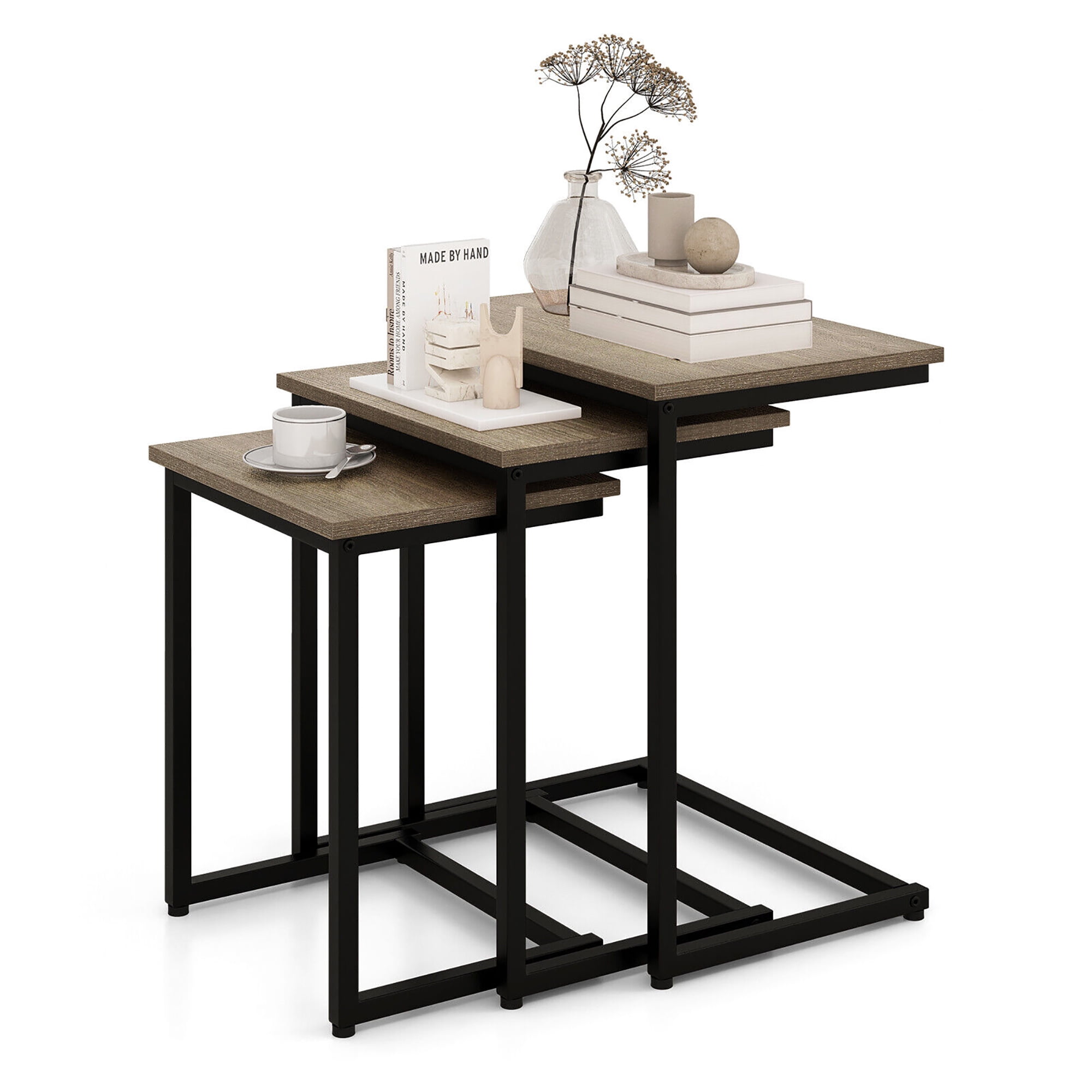 Gymax 3 Pcs Nesting Coffee End Table Set Stacking Side Nightstand ...