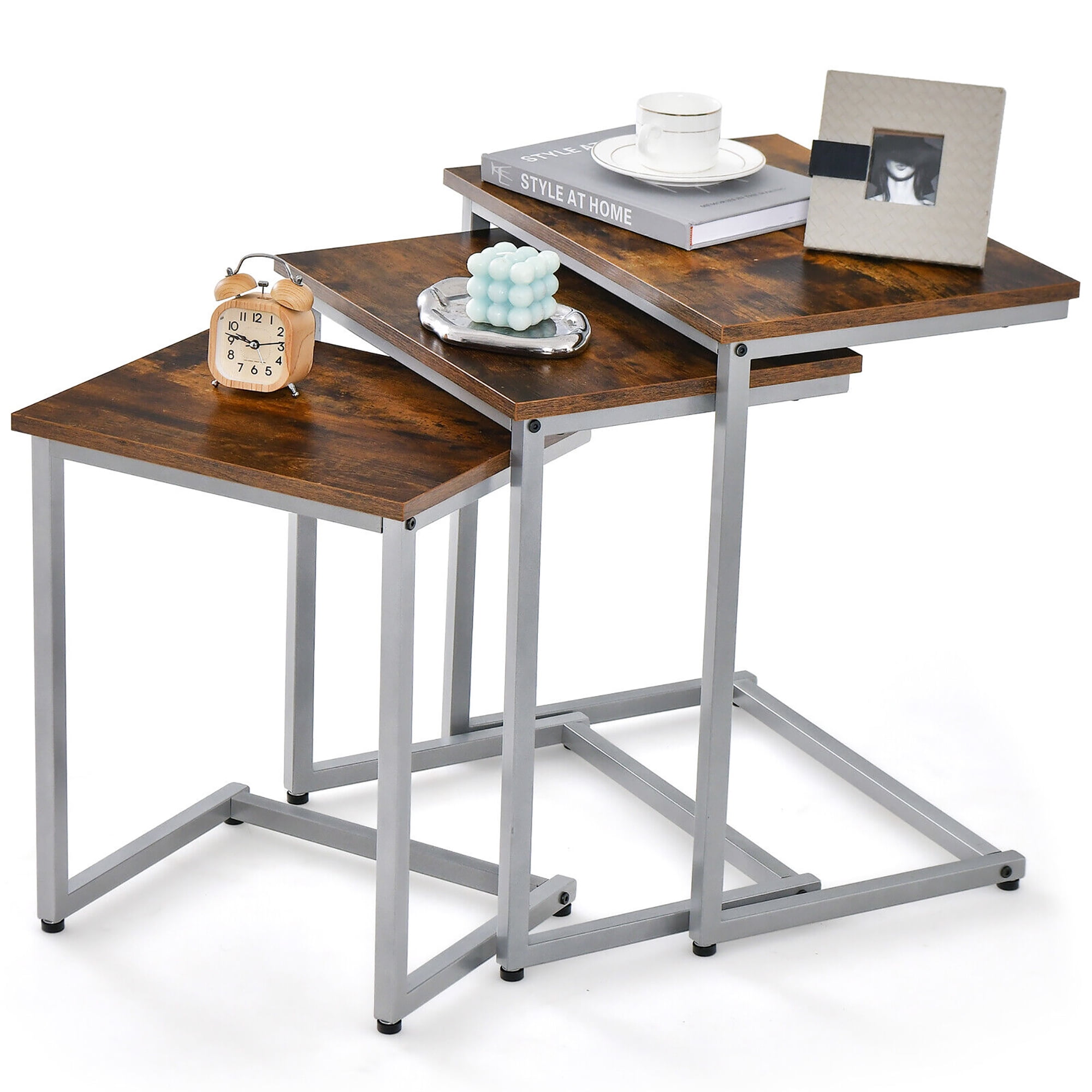 Gymax 3 Pcs Nesting Coffee End Table Set Stacking Side Nightstand ...