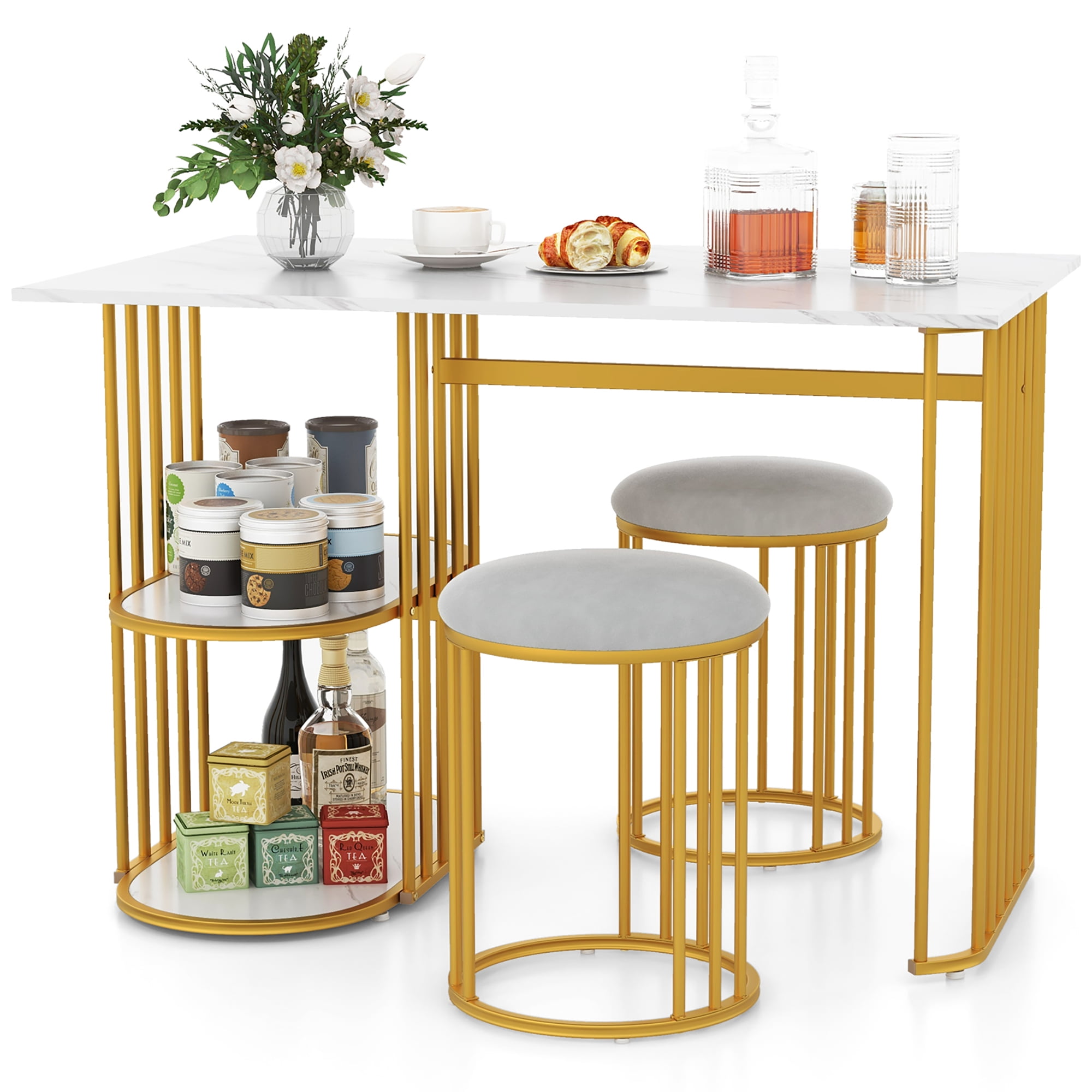 Gymax 3 Piece Dining Table Set w/ 2 Stools 2-tier Storage Shelf ...