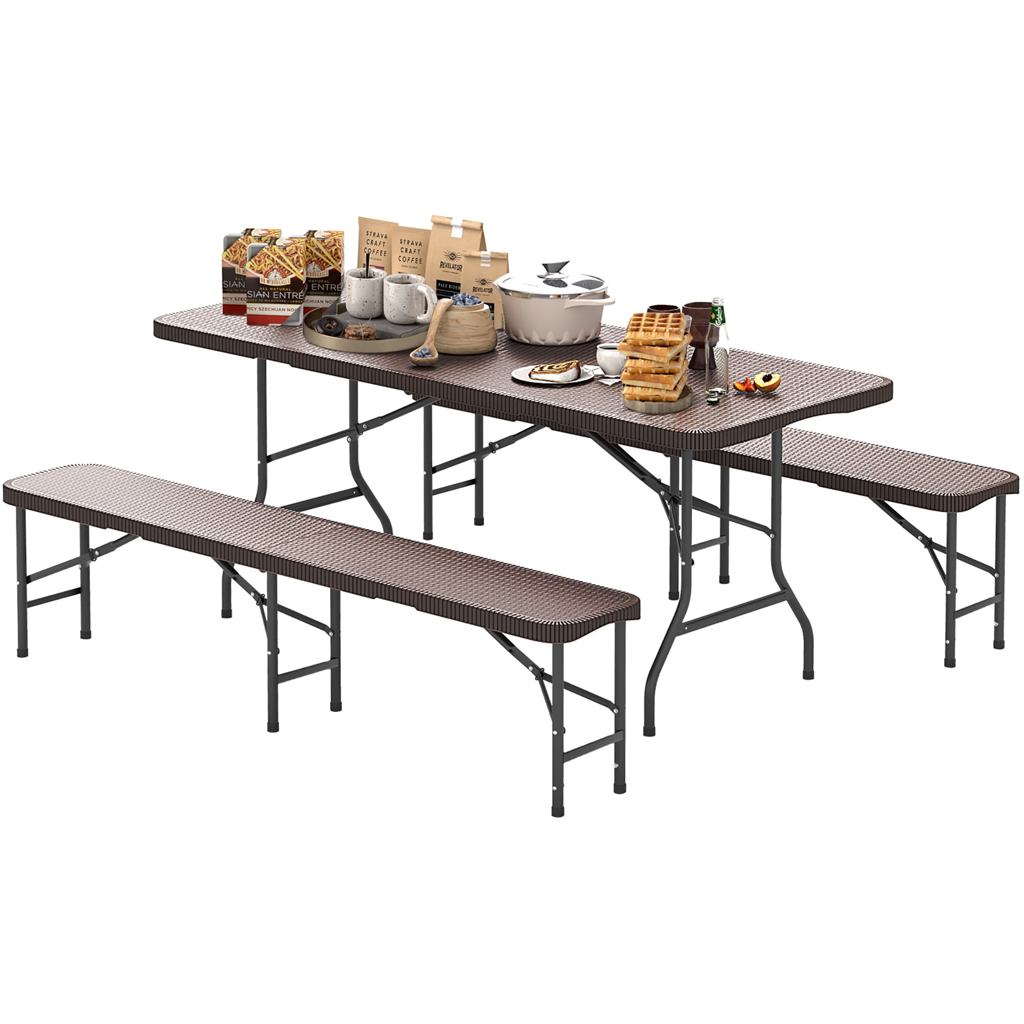 Gymax 3 Piece Folding Picnic Table Set w/ 6 ft Table & 2 Benches for ...