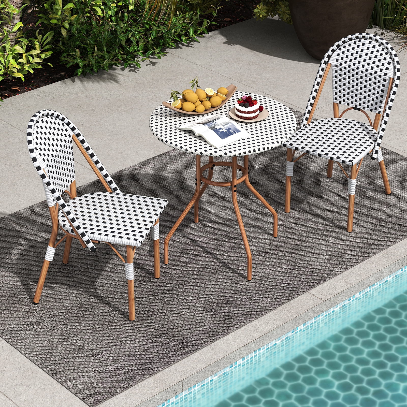 Gymax 3 Piece French Bistro Table Chair Set Outdoor Wicker Round Table ...