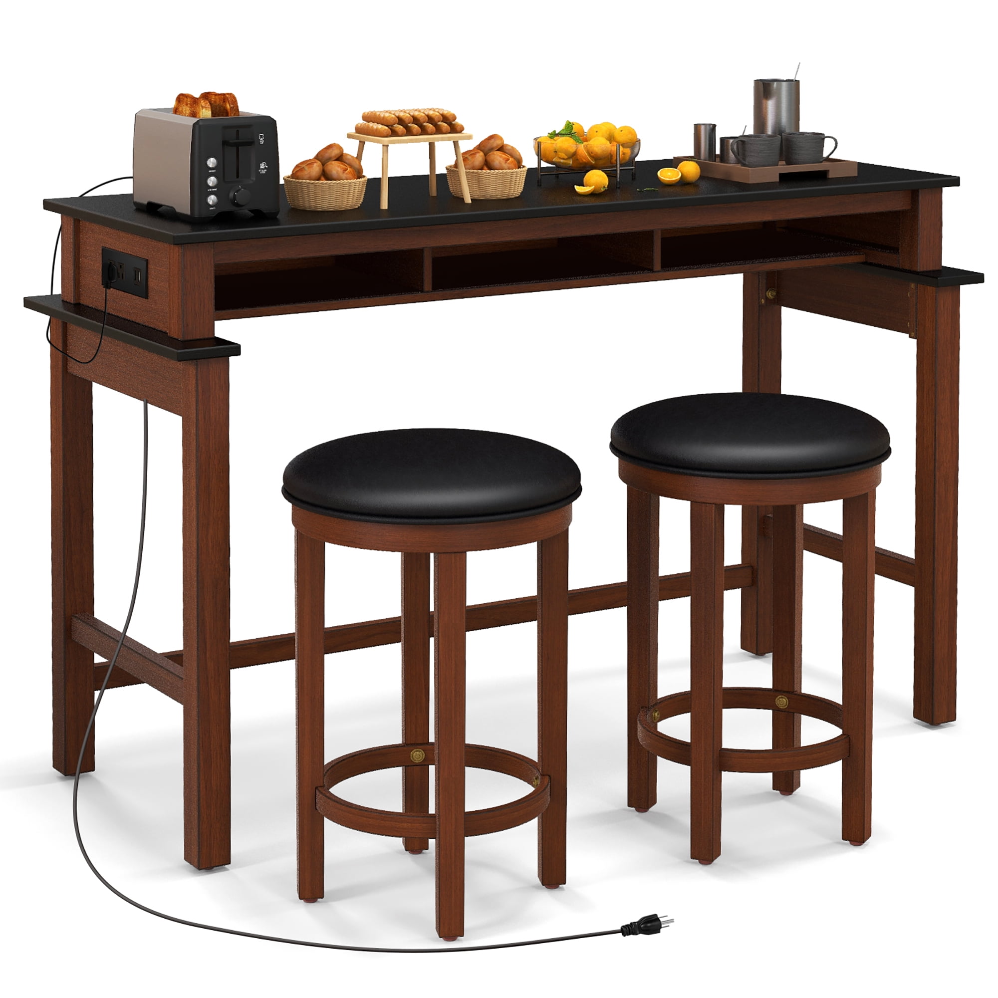 Gymax 3-Piece Home Bar Set Counter Height Bar Table w/ 2 Upholstered ...