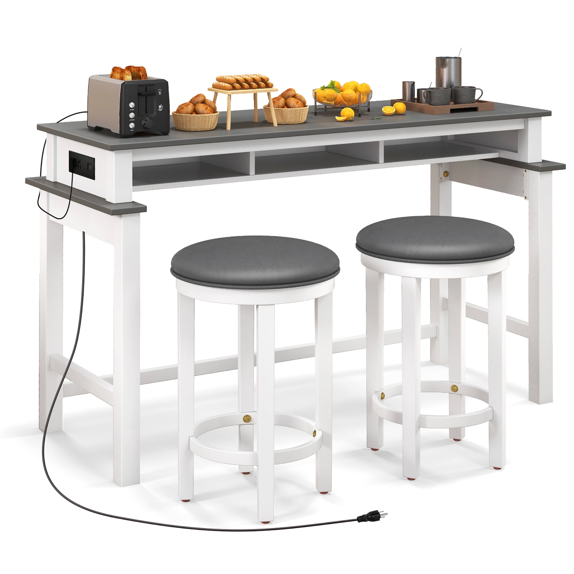 Gymax 3-Piece Home Bar Set Counter Height Bar Table w/ 2 Upholstered ...