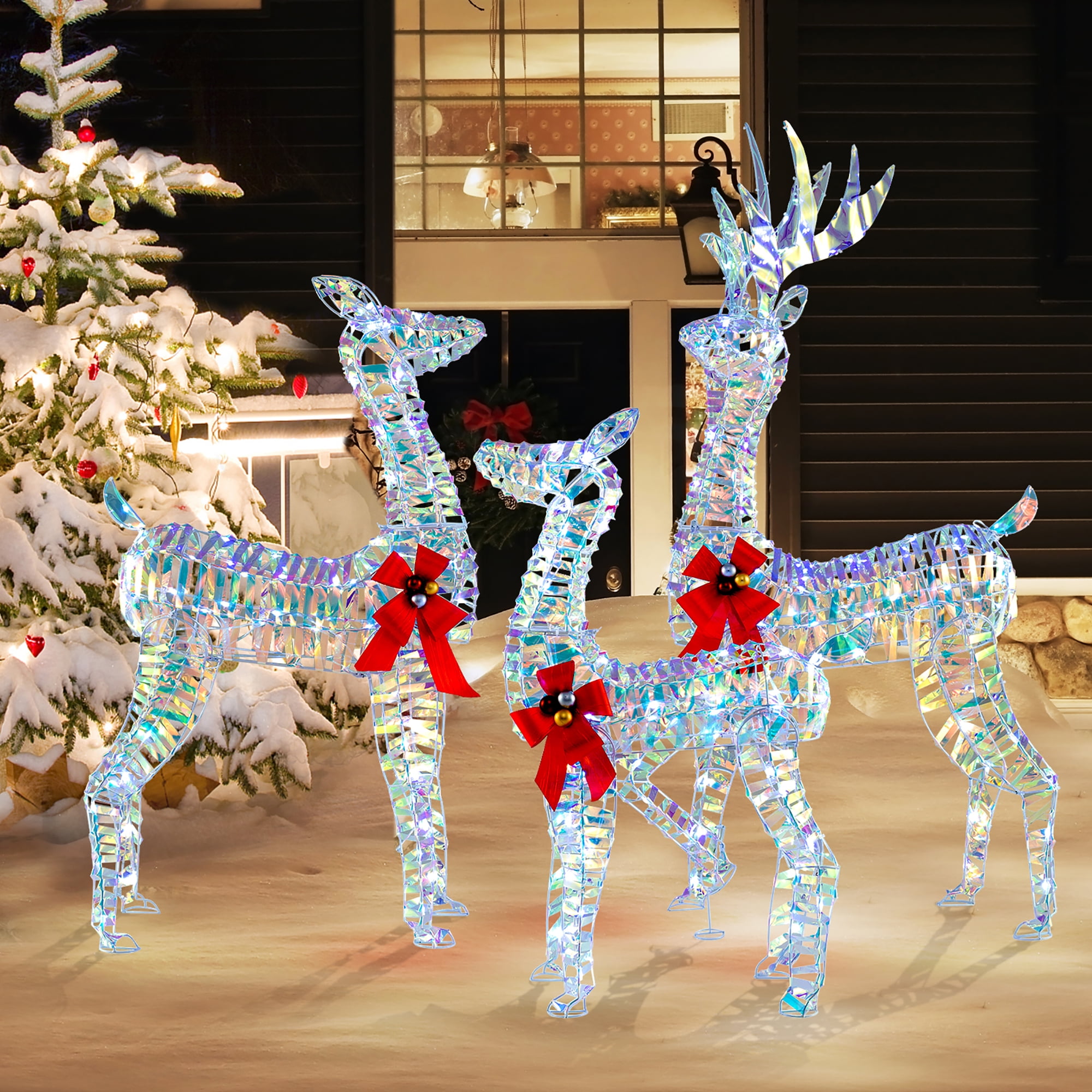 Gymax 3-Piece Iridescent Reindeer Family Set Christmas Pre-Lit Deer w ...