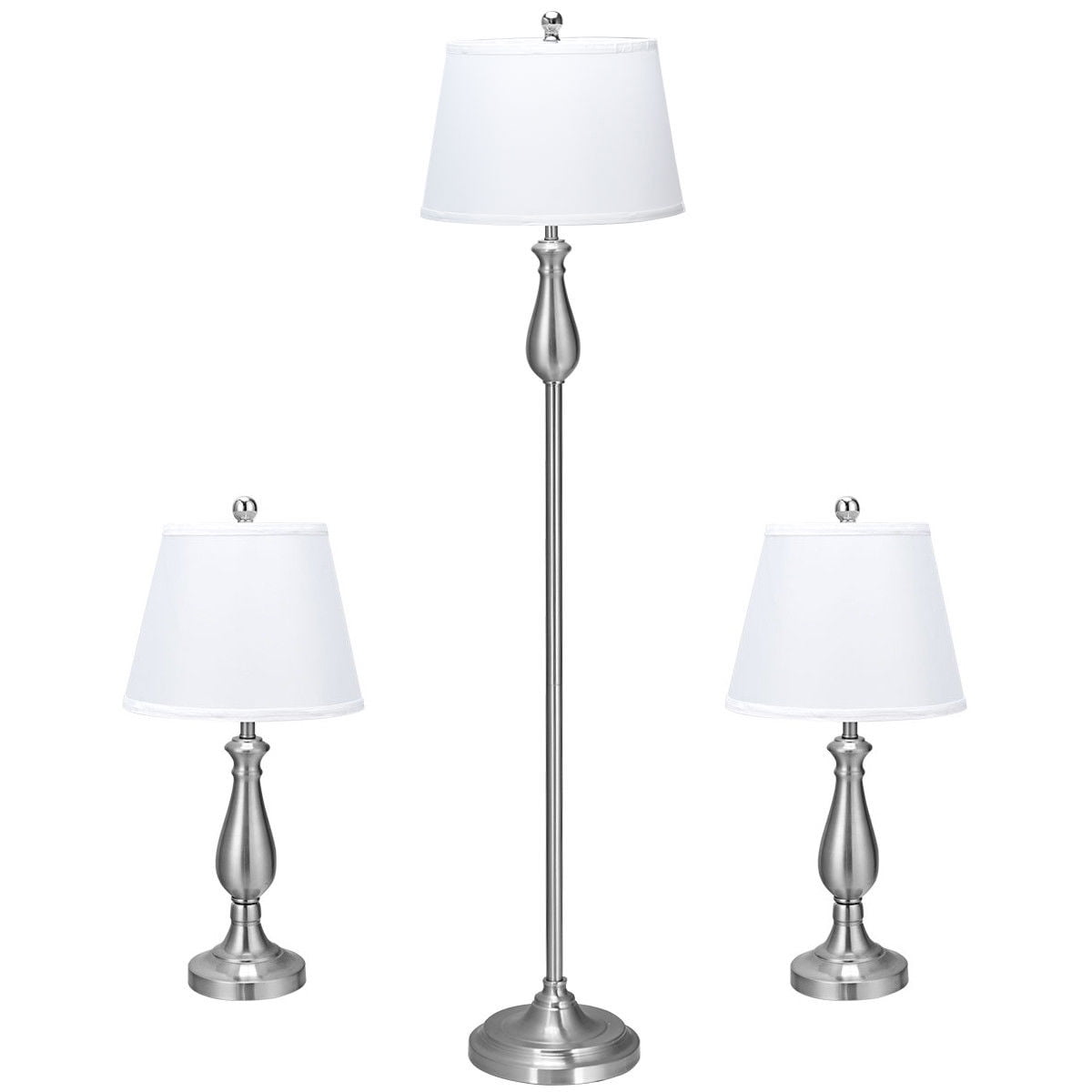 Gymax 3-Piece Lamp Set - 2 Table Lamps, 1 Floor Lamp, Brushed Nickel ...