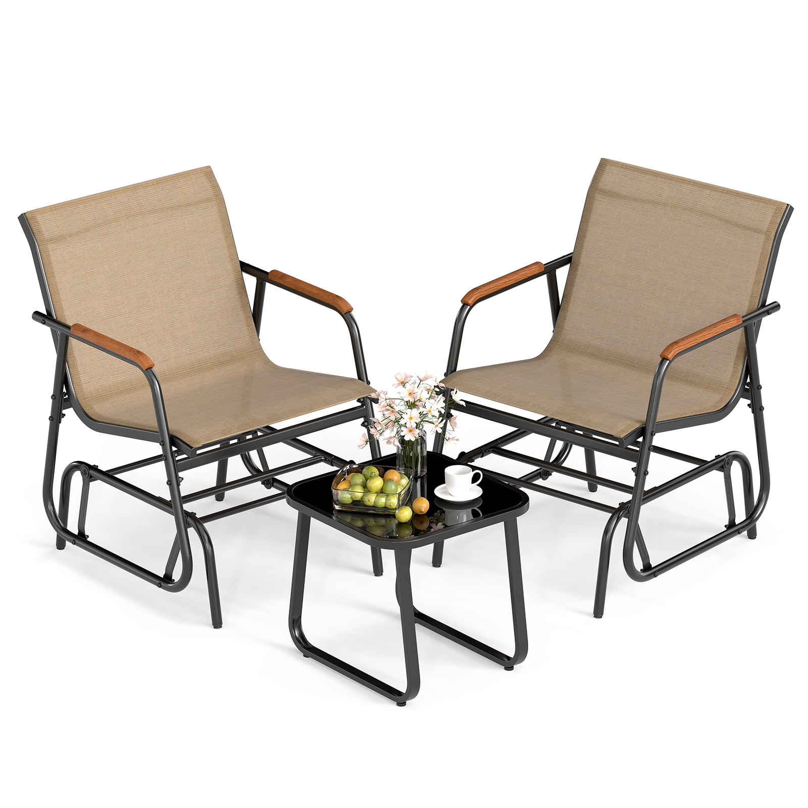 Gymax 3 Piece Outdoor Gliding Set w/ Tempered Glass Coffee Table Teak ...