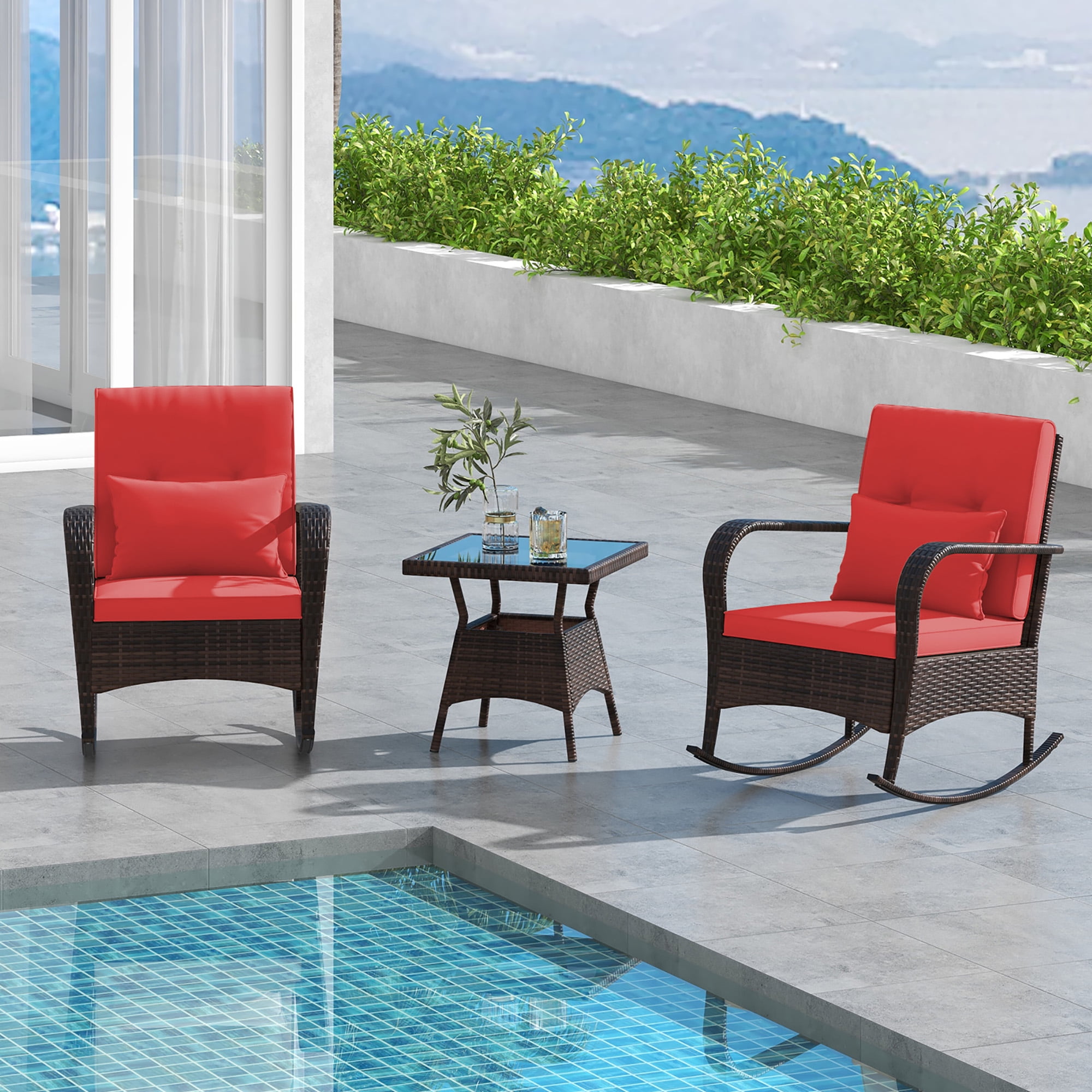 Gymax 3 Piece Outdoor Rocking Set Rattan Rocker Chairs w/ Tempered ...