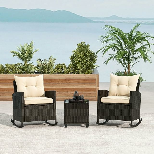 Gymax Patio Furniture Rockers: 3 Piece Outdoor Rattan Set w/ Tempered ...