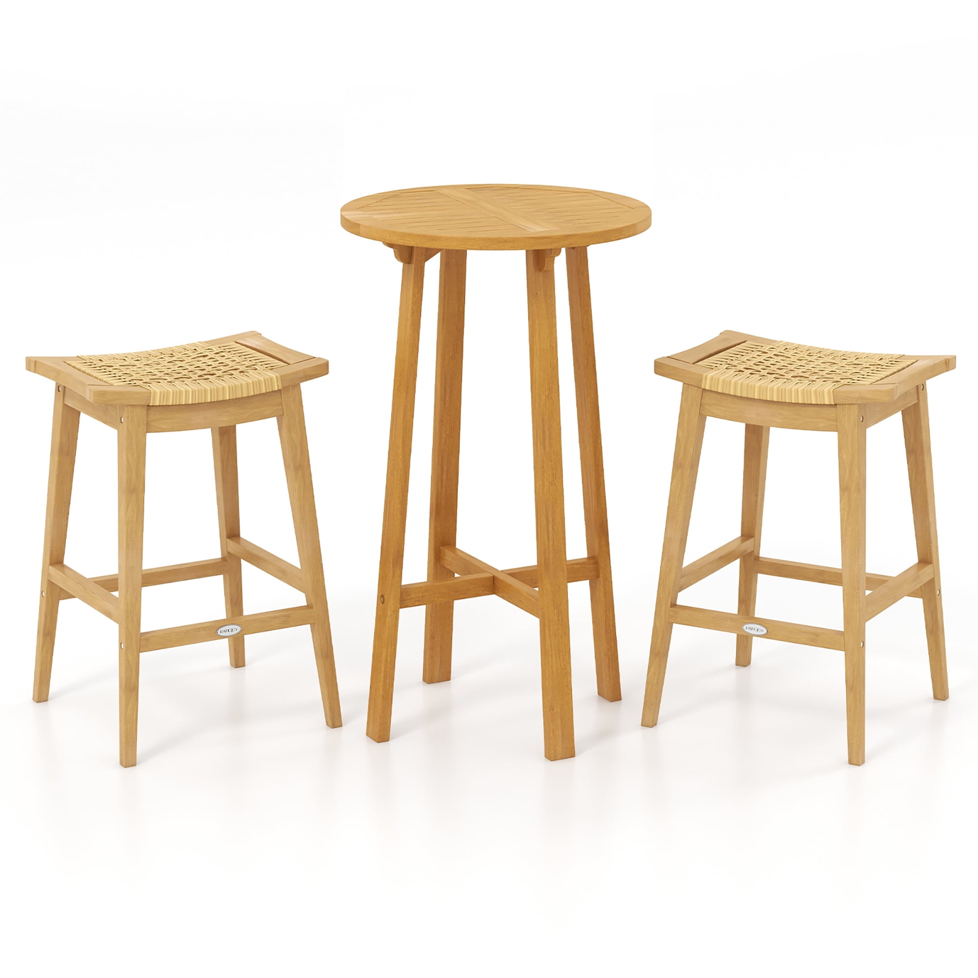 Gymax 3 Piece Patio Bar Set Round Cocktail Table w/ 2 Rattan Saddle ...