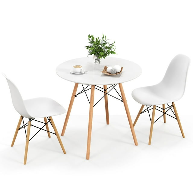 Gymax 3 Pieces Dining Table Set Modern Round Table & 2 Chairs w/ Wood ...