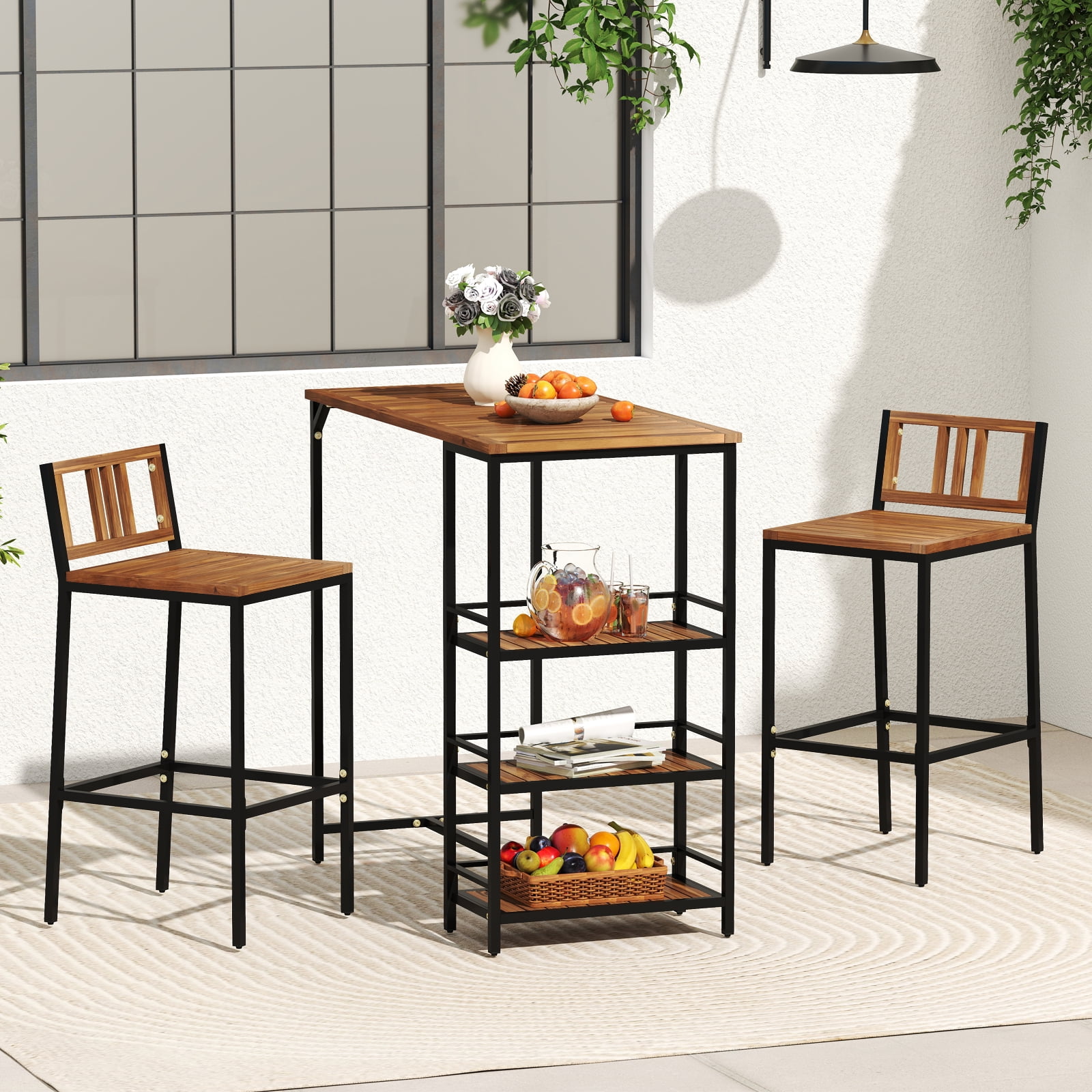 Gymax 3 Pieces Outdoor Wood Bar Set w/ 3-Tier Storage Shelf & Metal ...