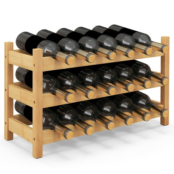 Gymax 3 Tier 18 Bottle Wine Storage Cabinet Shelf Bamboo Wine Rack for ...