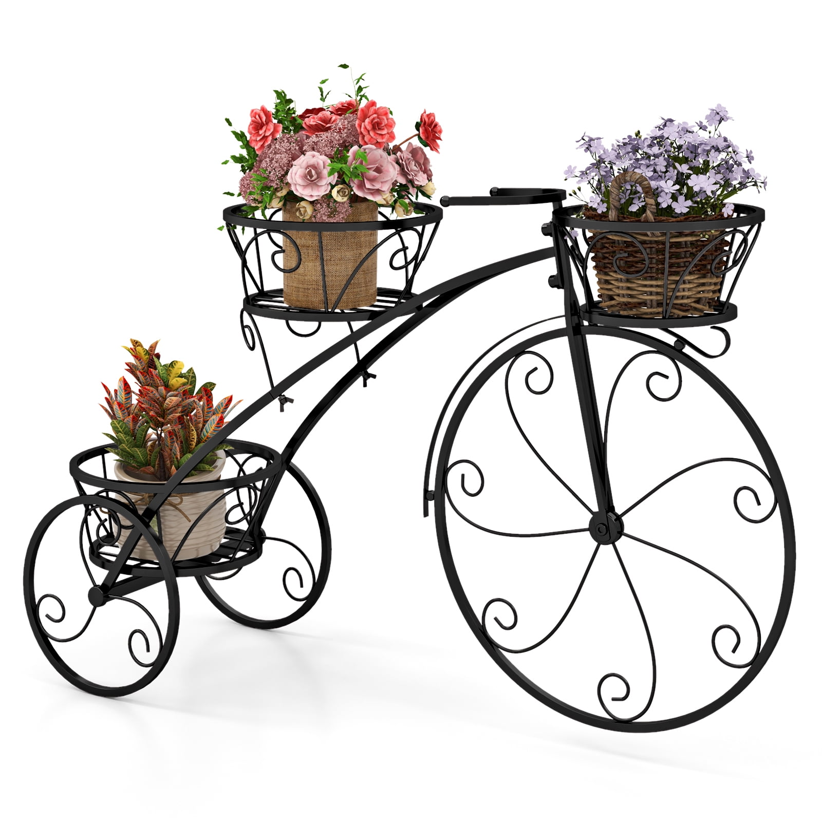 Gymax 3-Tier Bicycle Plant Stand w/ Hollowed Baskets Metal Flower Pot ...