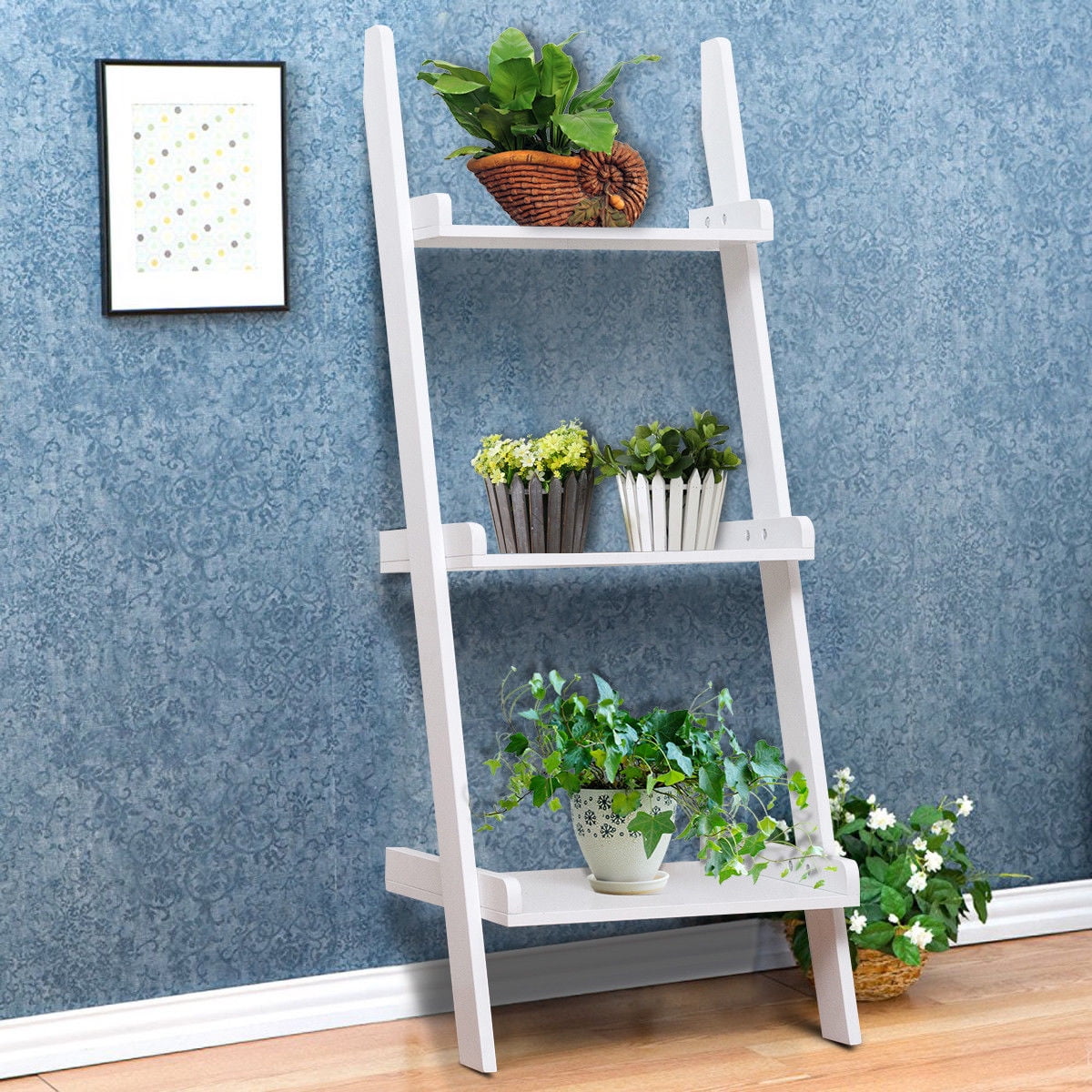 Gymax 3 Tier Book Shelf Leaning Wall Ladder Storage Rack Display ...