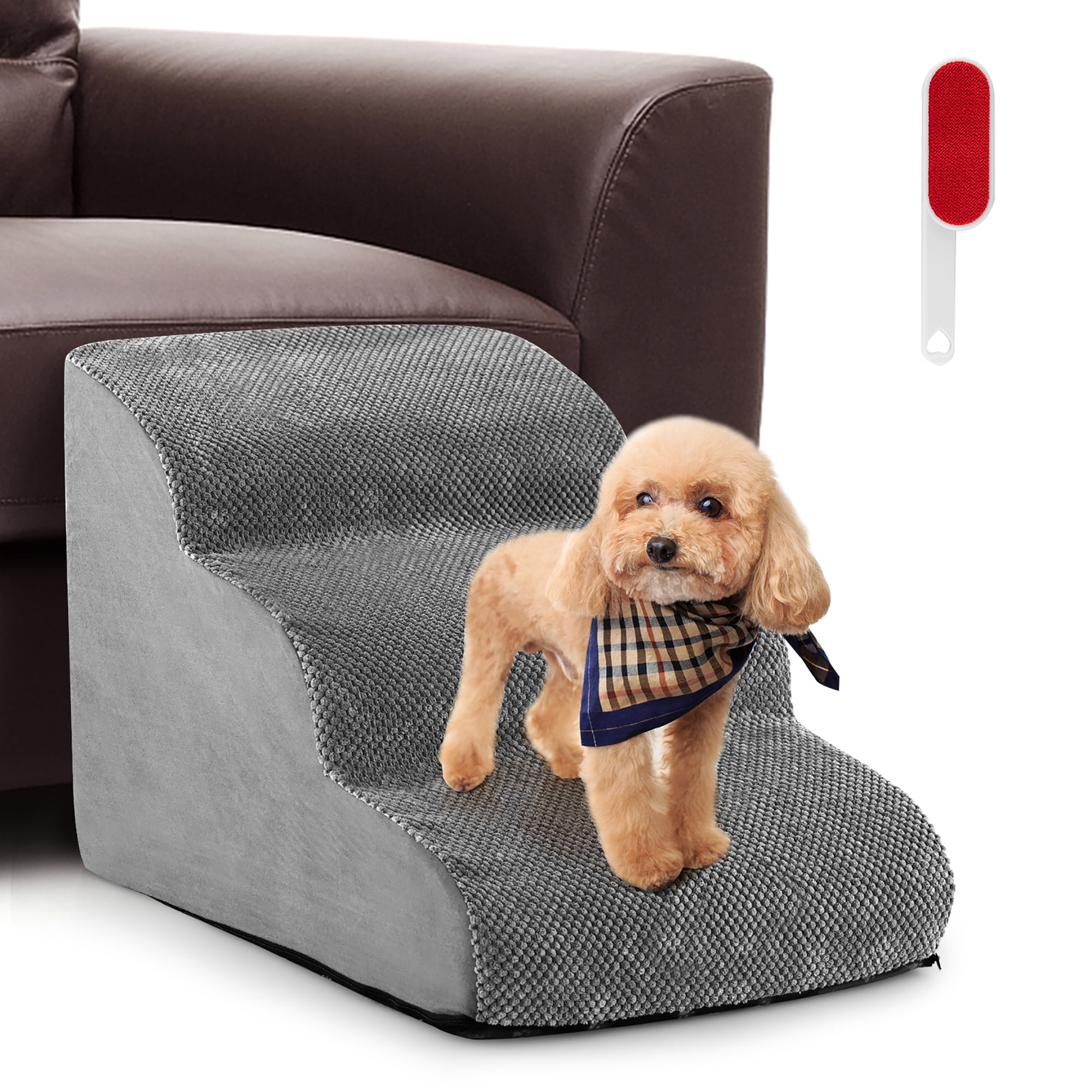 Gymax 3-Tier Foam Dog Ramp, Corduroy Pet Stairs, Portable for Small ...