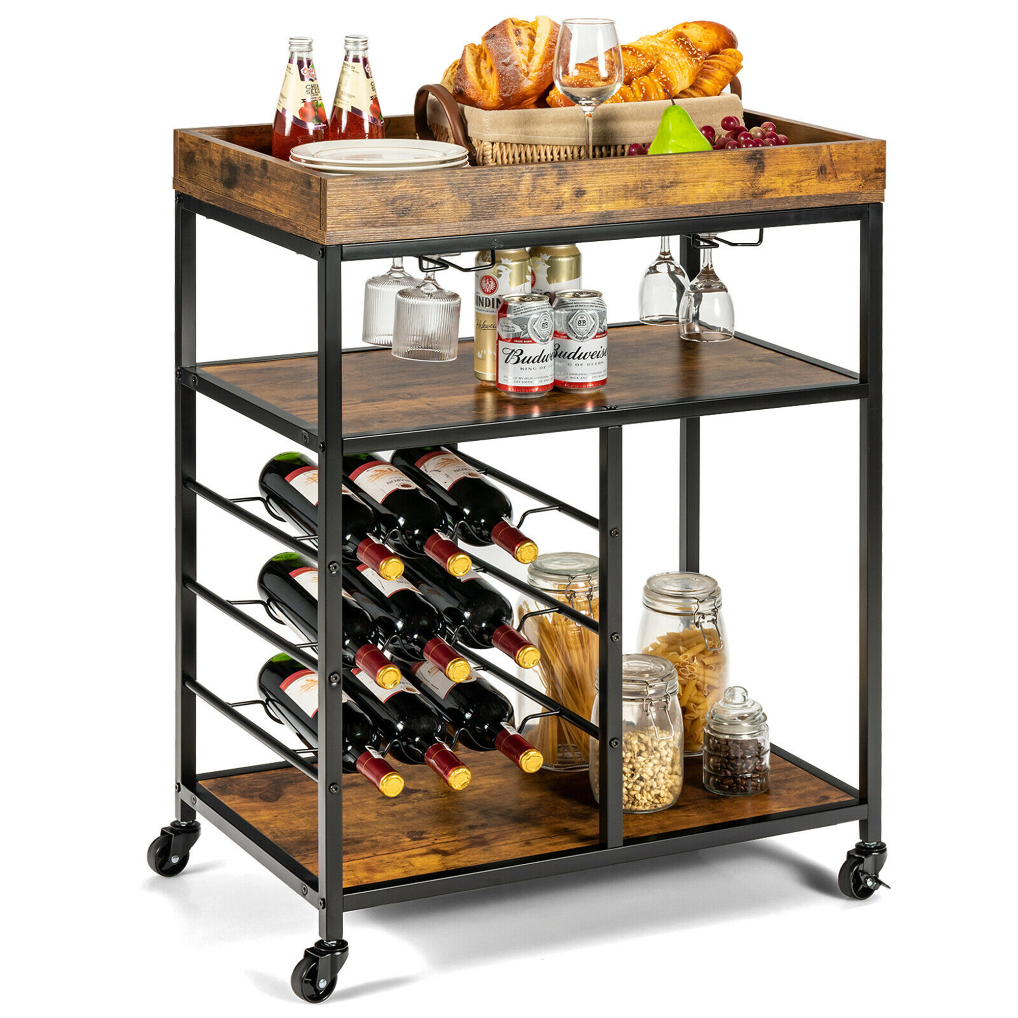 Gymax 3-Tier Rolling Kitchen Serving Cart Utility Trolley w/ Wine ...