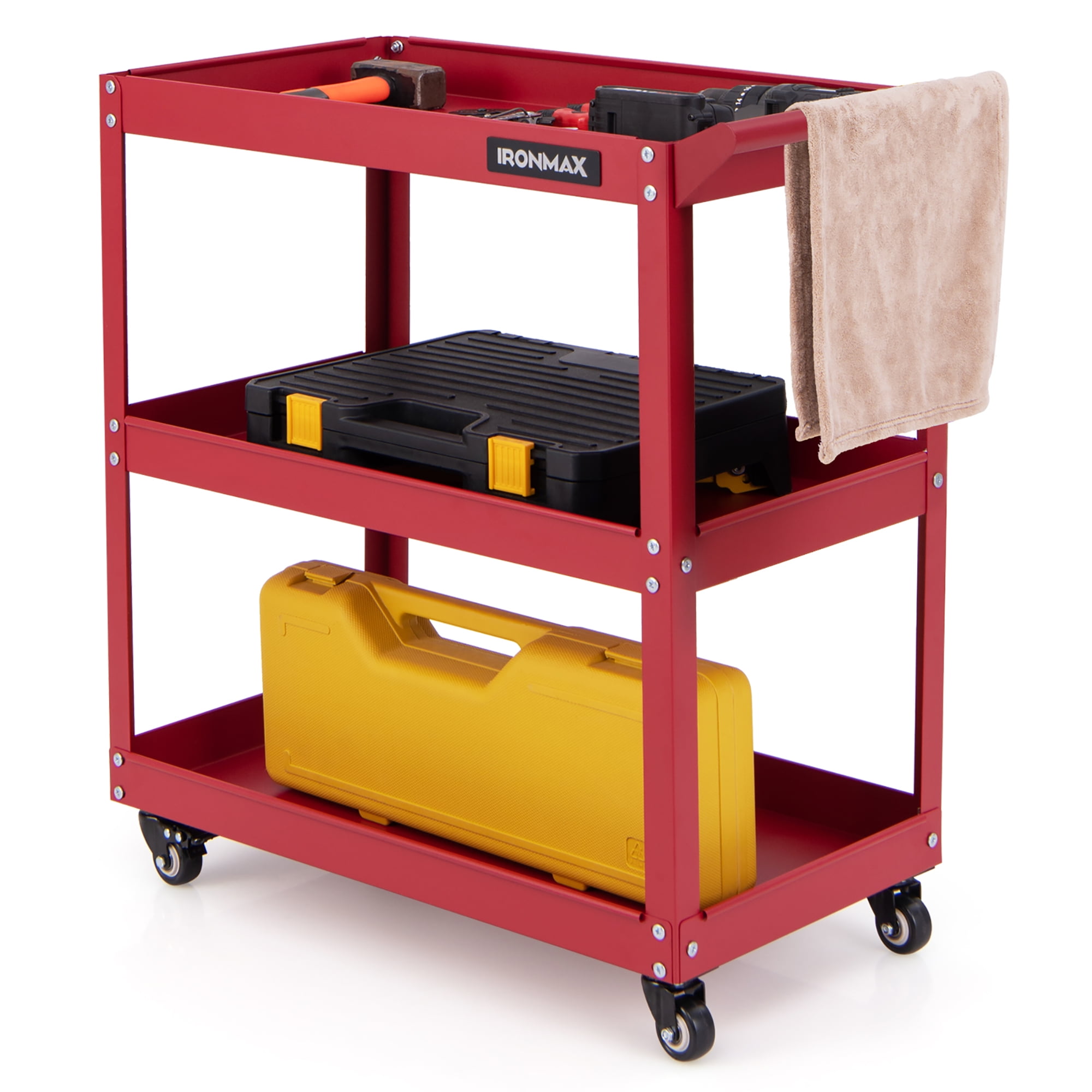Gymax 3-Tier Rolling Tool Cart w/ 3 Spacious Shelves 4 Universal Wheels ...