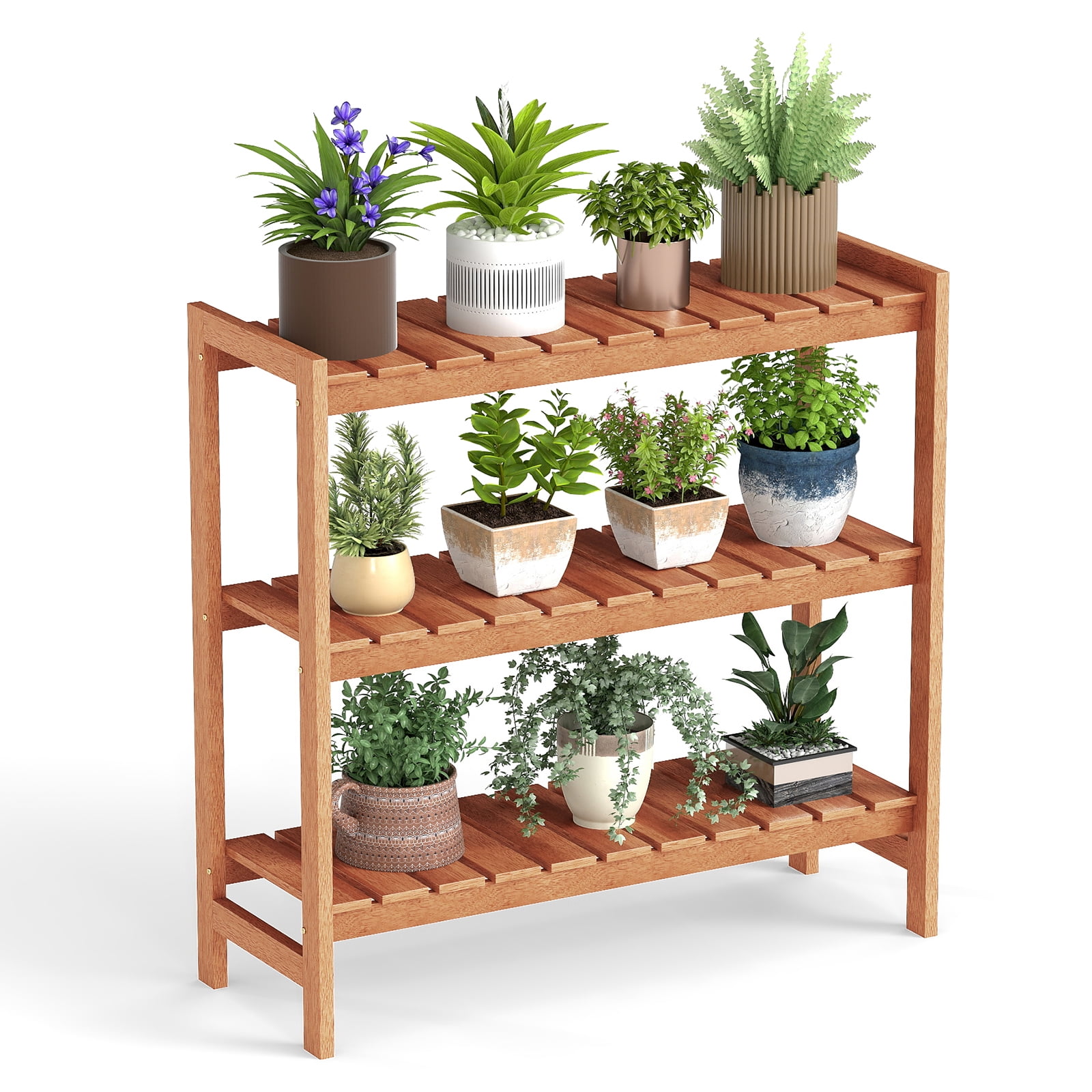 Gymax 3-Tier Solid Wood Plant Stand w/Slatted Shelves Take Oil Finish ...