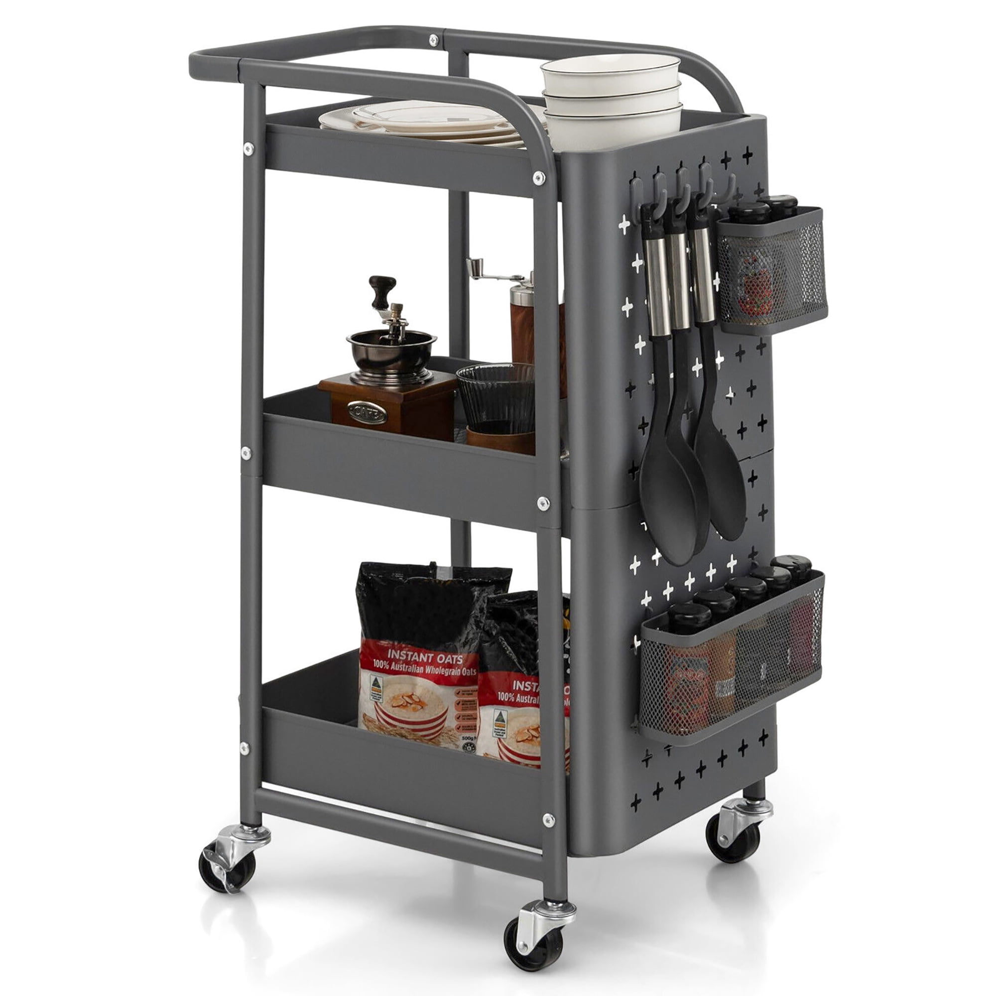 Gymax Heavy Duty 3-Tier Utility Storage Cart with Multi-Use Shelves ...
