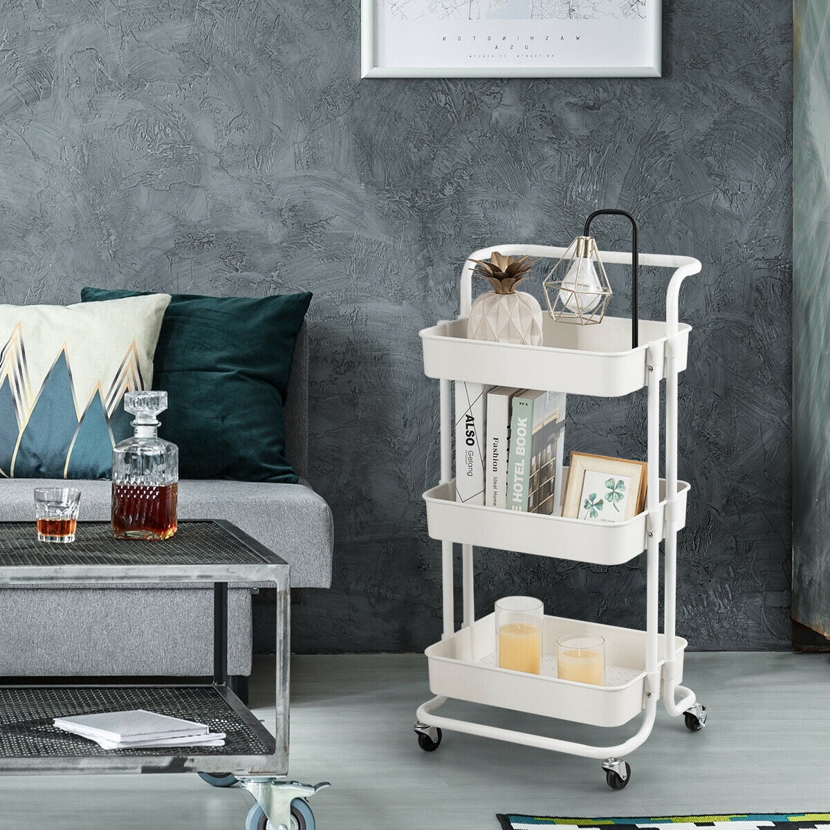 Free Shipping! Gymax 3 Tier Rolling Cart Organize Metal Tiered Storage ...