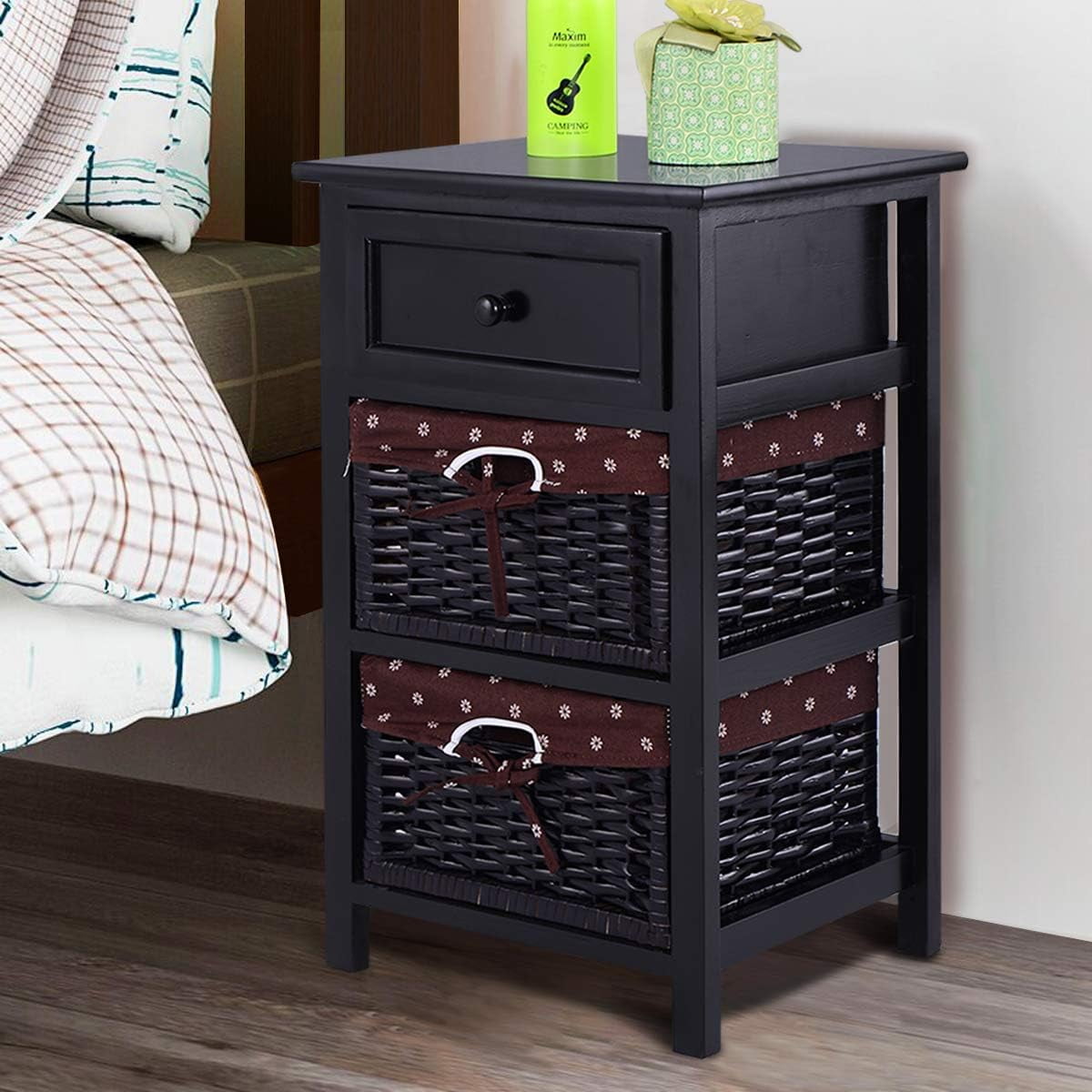 Gymax 3-Tiers 1-Drawer Black Nightstand Bedroom Storage Wood 2 Baskets ...