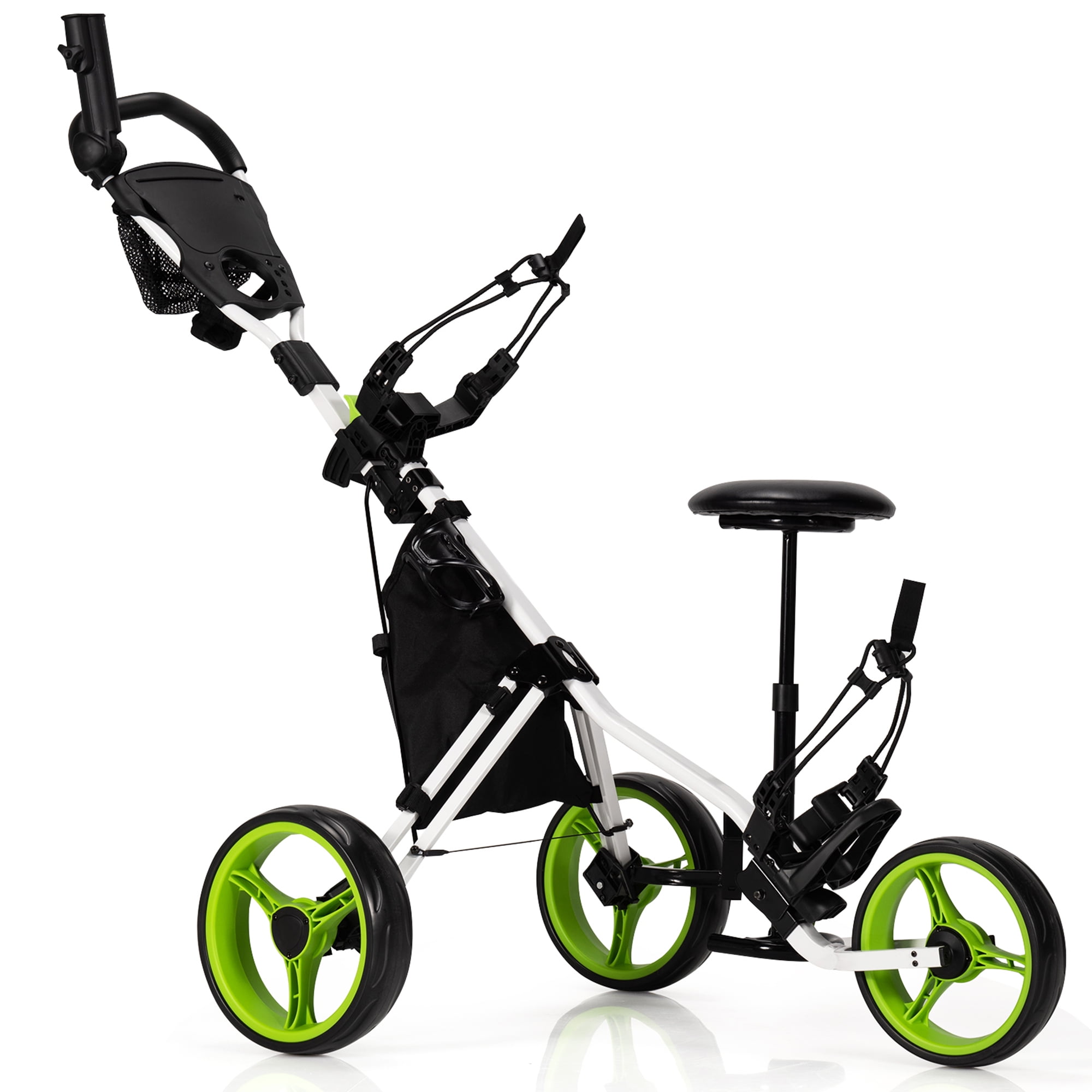 Gymax 3-Wheel Foldable Golf Push Pull Cart Trolley w/ Seat Adjustable ...