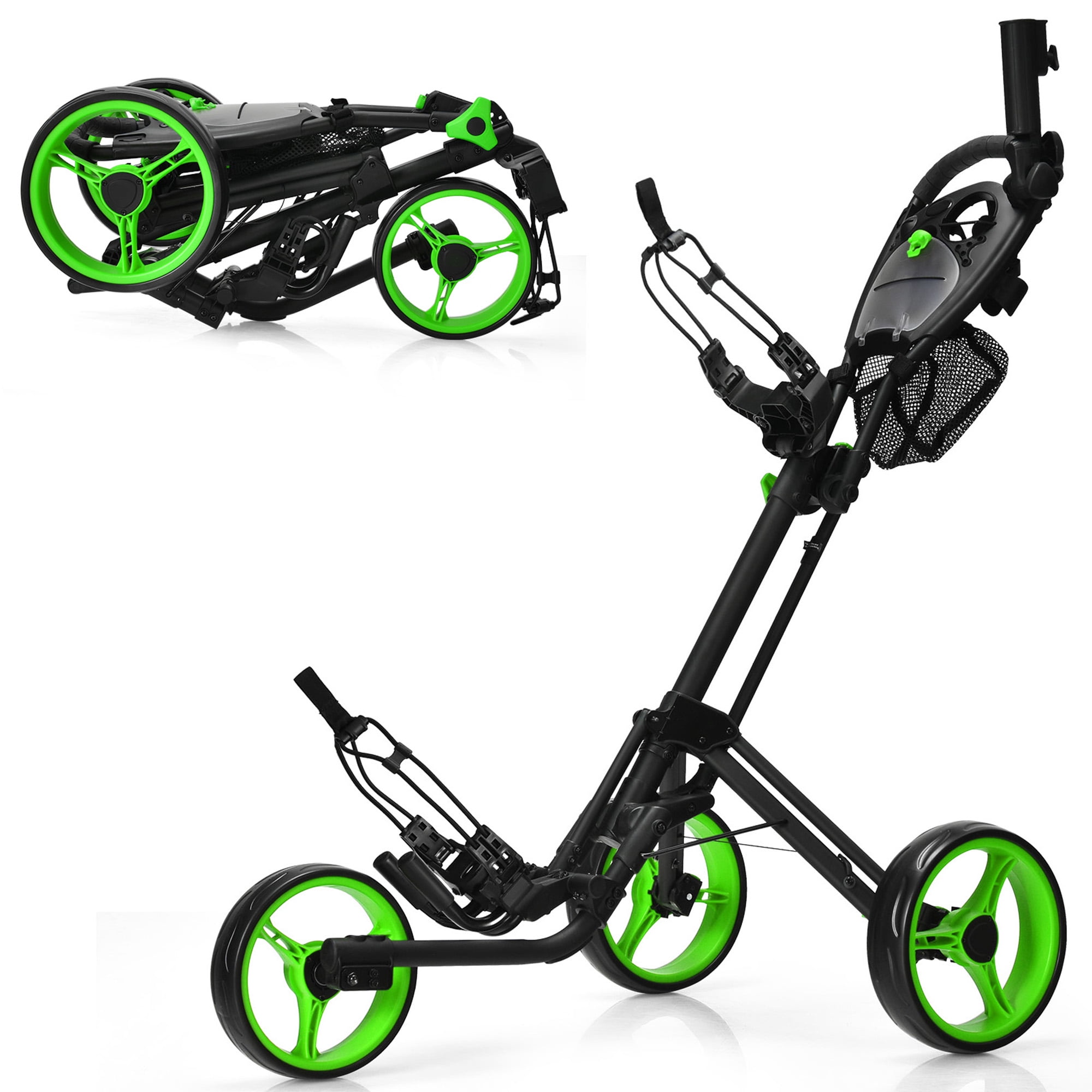 Gymax 3 Wheels Foldable Golf Push Pull Cart Trolley w/ Mesh Bag Foot ...