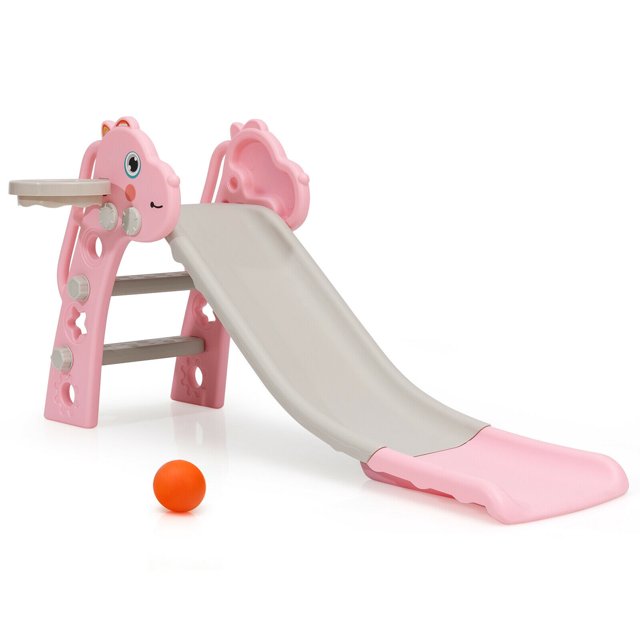 Gymax 3 in 1 Baby Play Climber Slide Set with Basketball Hoop Pink ...