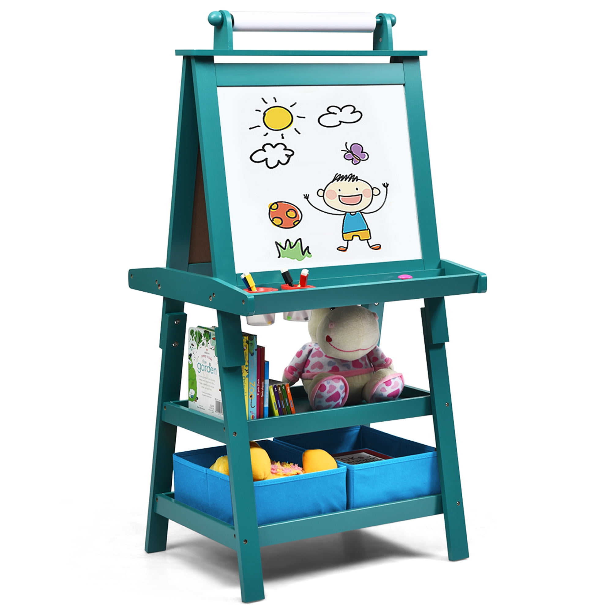 Gymax 3-in-1 Teal Frosting Kids Art Easel with Double-Sided Storage ...