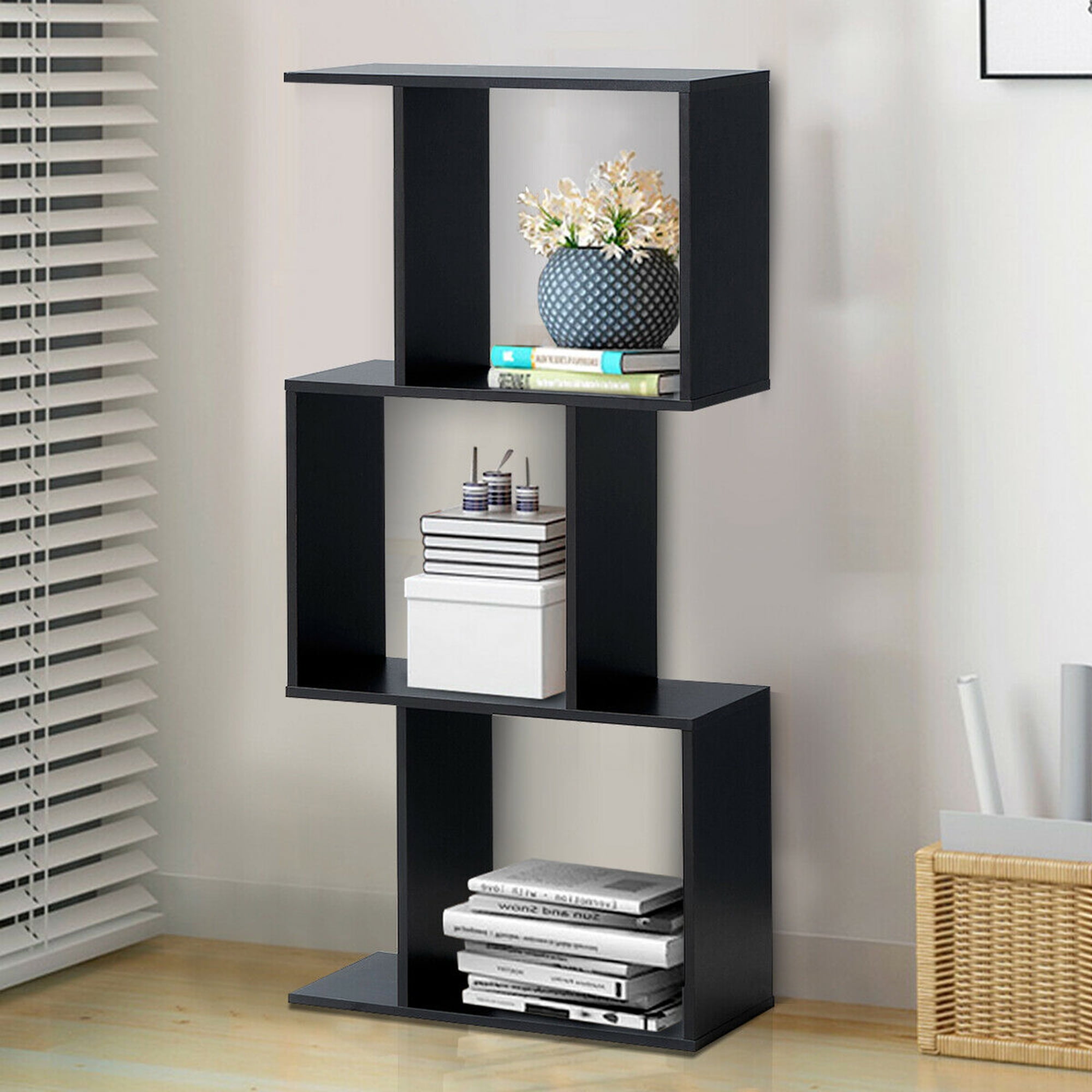 Gymax 3-tier Free Standing Storage Rack S-Shaped Bookcase Wooden ...