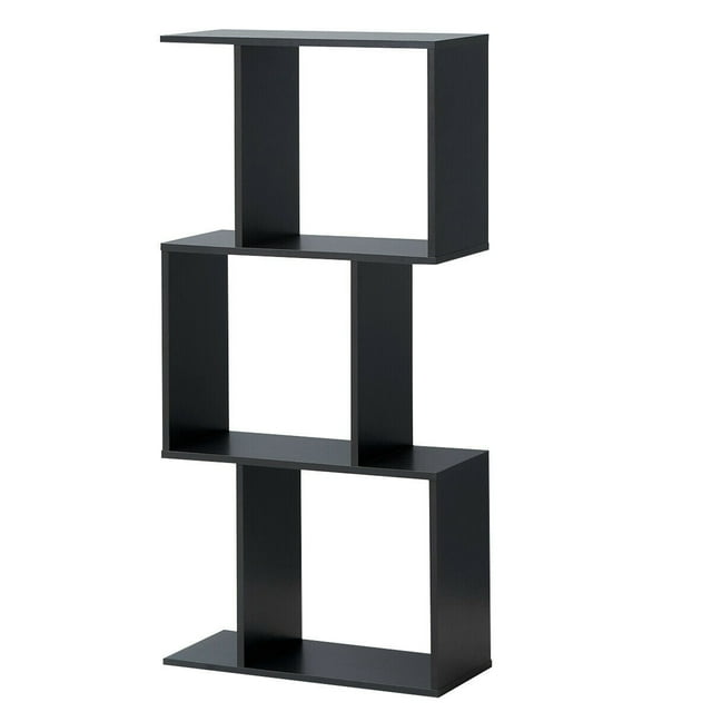 Gymax 3-Tier S-Shaped Bookcase, Wooden Storage Rack, Black Display ...