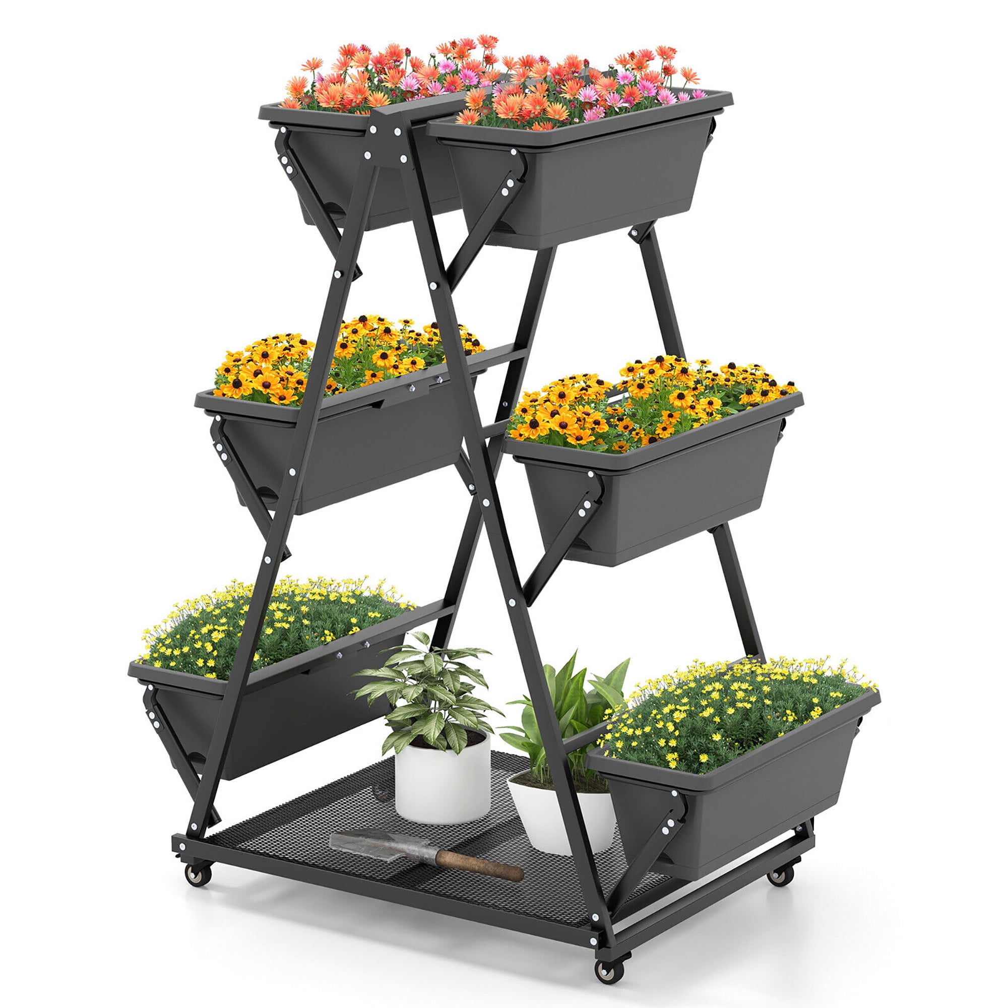 Gymax 3-tier Vertical Garden Planter Box w/ Lockable Wheels Drainage ...