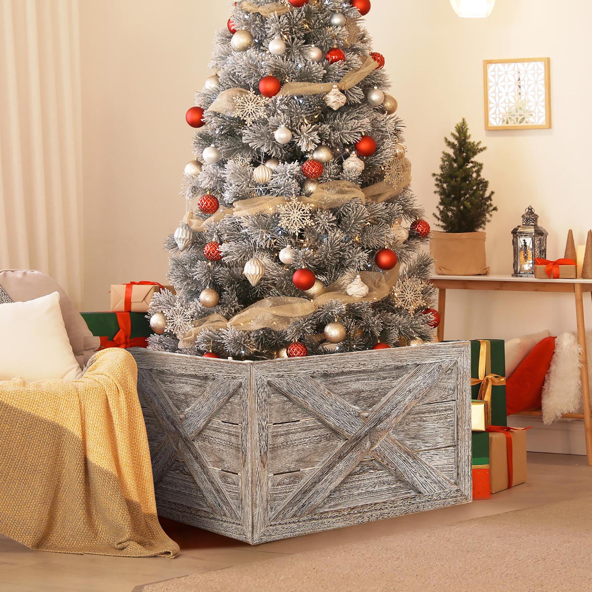 Gymax Solid Wood Christmas Tree Box 24'' x 22.5'', Rustic Farmhouse ...